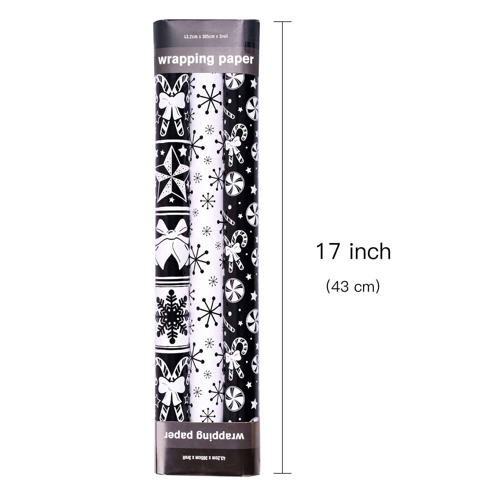 LeZakaa Christmas Wrapping Paper Mini Roll - Bell & Tree/Candy Canes/Snowflakes in Black & White for Gift Wrap, Arts Crafts - 17 x 120 inches - 3 Rolls (42.5 sq.ft.ttl.)