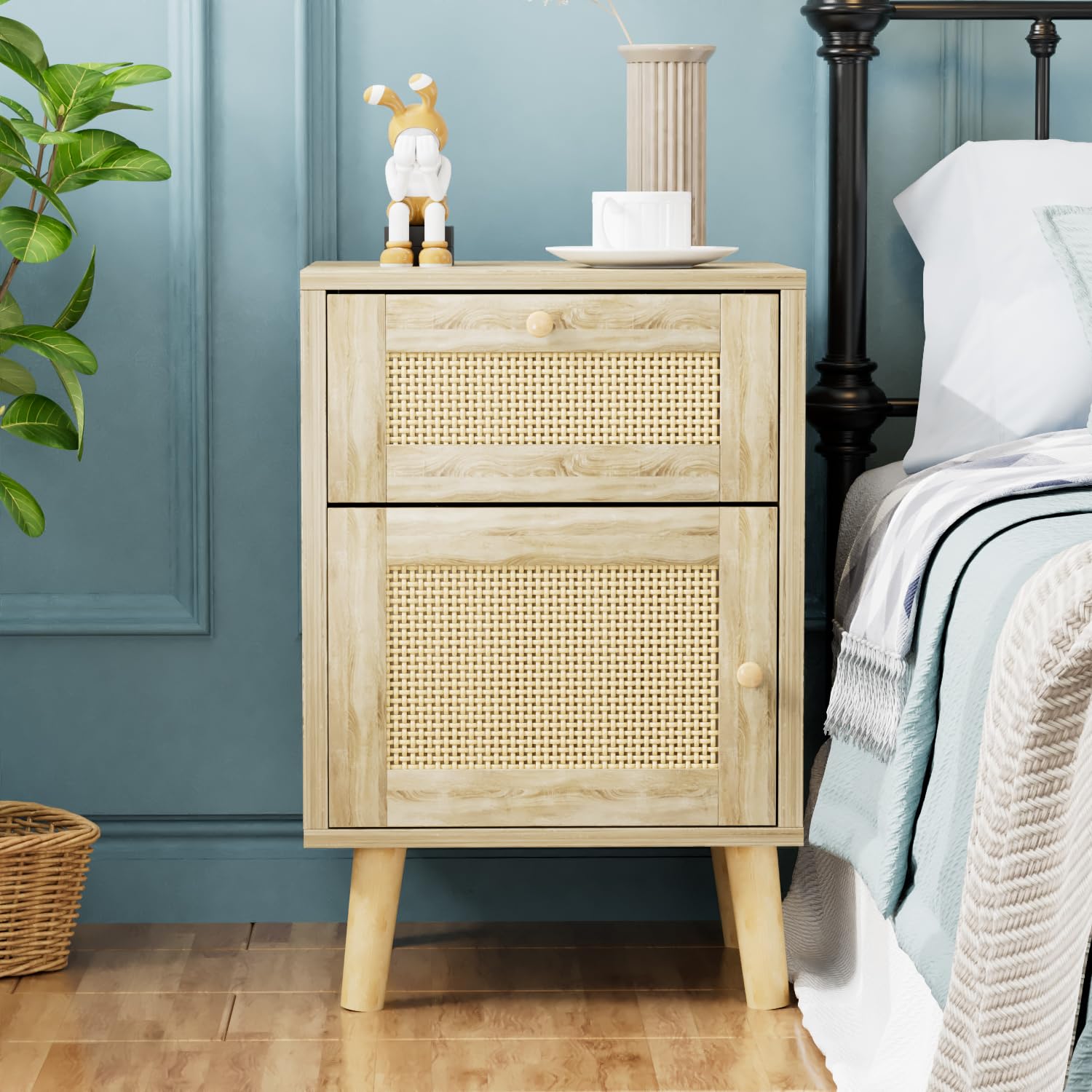 Breezestival Rattan-Like Nightstand with Storage, Boho Side Table with Rattan Material Decorated Drawer, Cabinet Door for Living Room, Bedroom