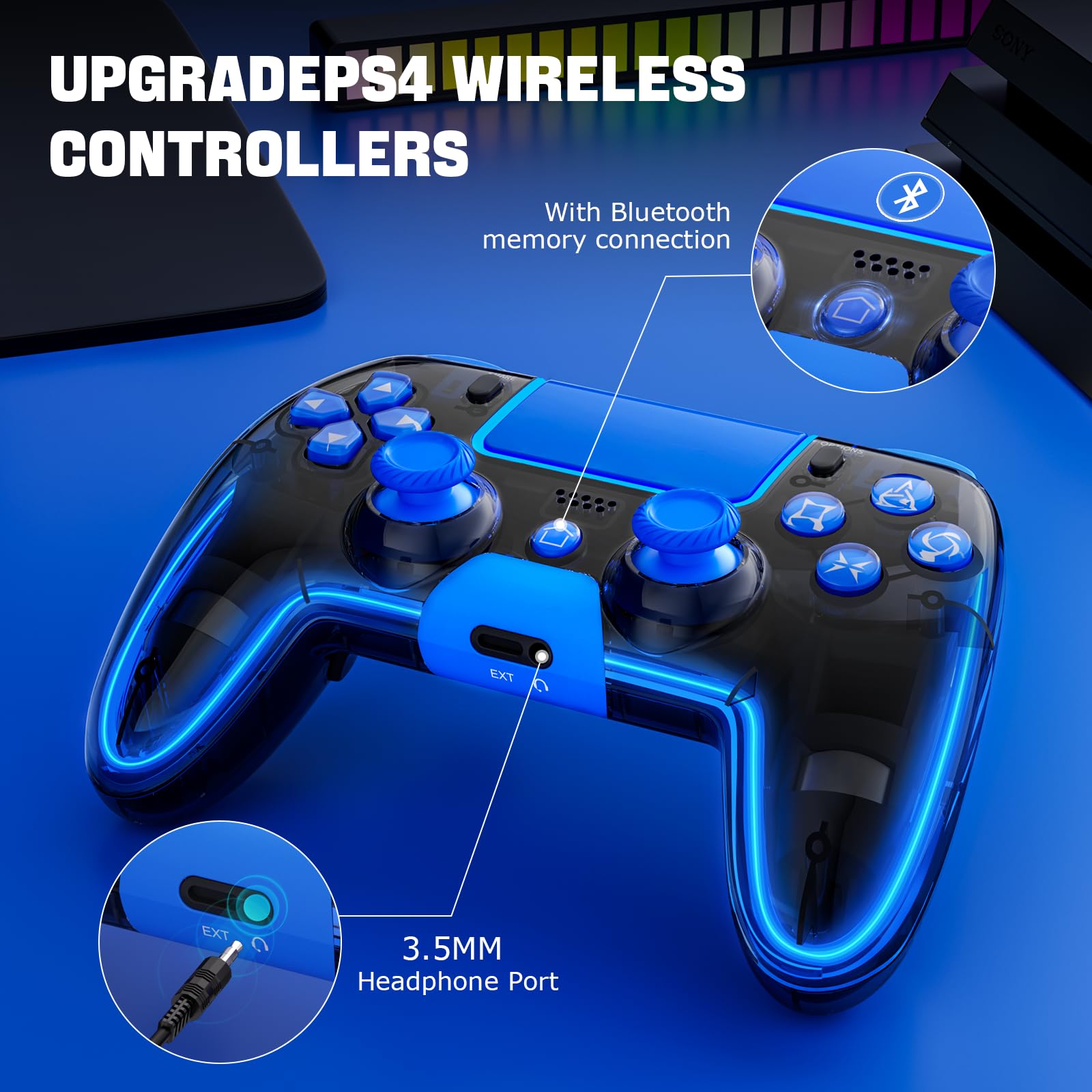 BRHE Wireless PS4Controller with Hall 3D Joysticks/RGB LED Lights/Programming Funtion,PS4Controller Remote Joystick Gamepad,Game Controller for PS4/Slim/Pro