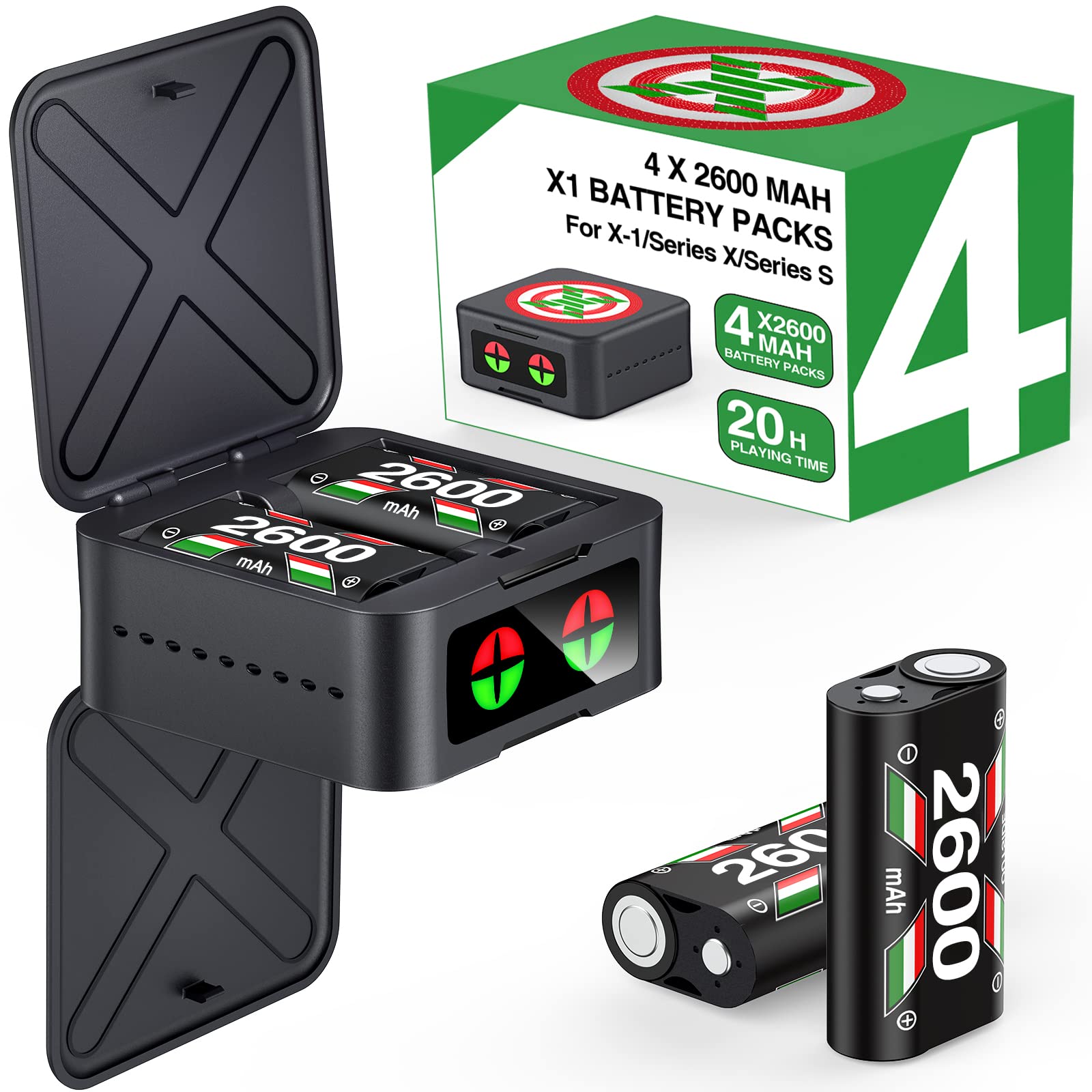 Controller Battery Pack with 4x2600mAH(6240mWH) Rechargeable Batteries for Xbox Series X/S/Xbox One X/S/Elite Controllers,Electrodeless Charging Station,Batteries Not Fall Off,Easy Storage,Dustproof