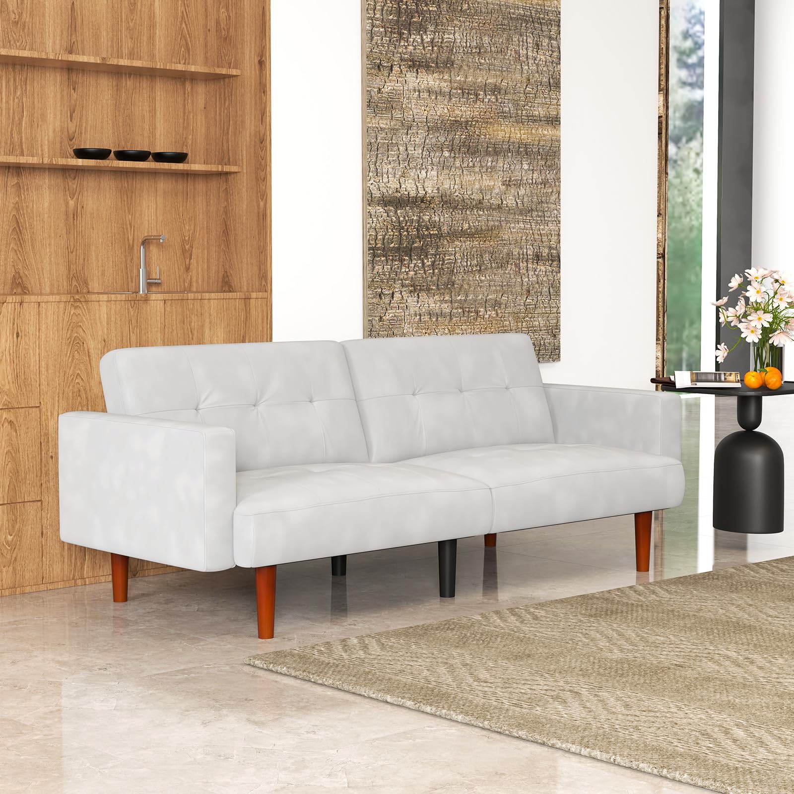 EBELLO Faux Leather Futon Sofa Couch Bed Solid Wood Legs, Convertible Sleeper Sofa Small Loveseat for Small Space Apartment, Bedroom, Living Room, Light Gray