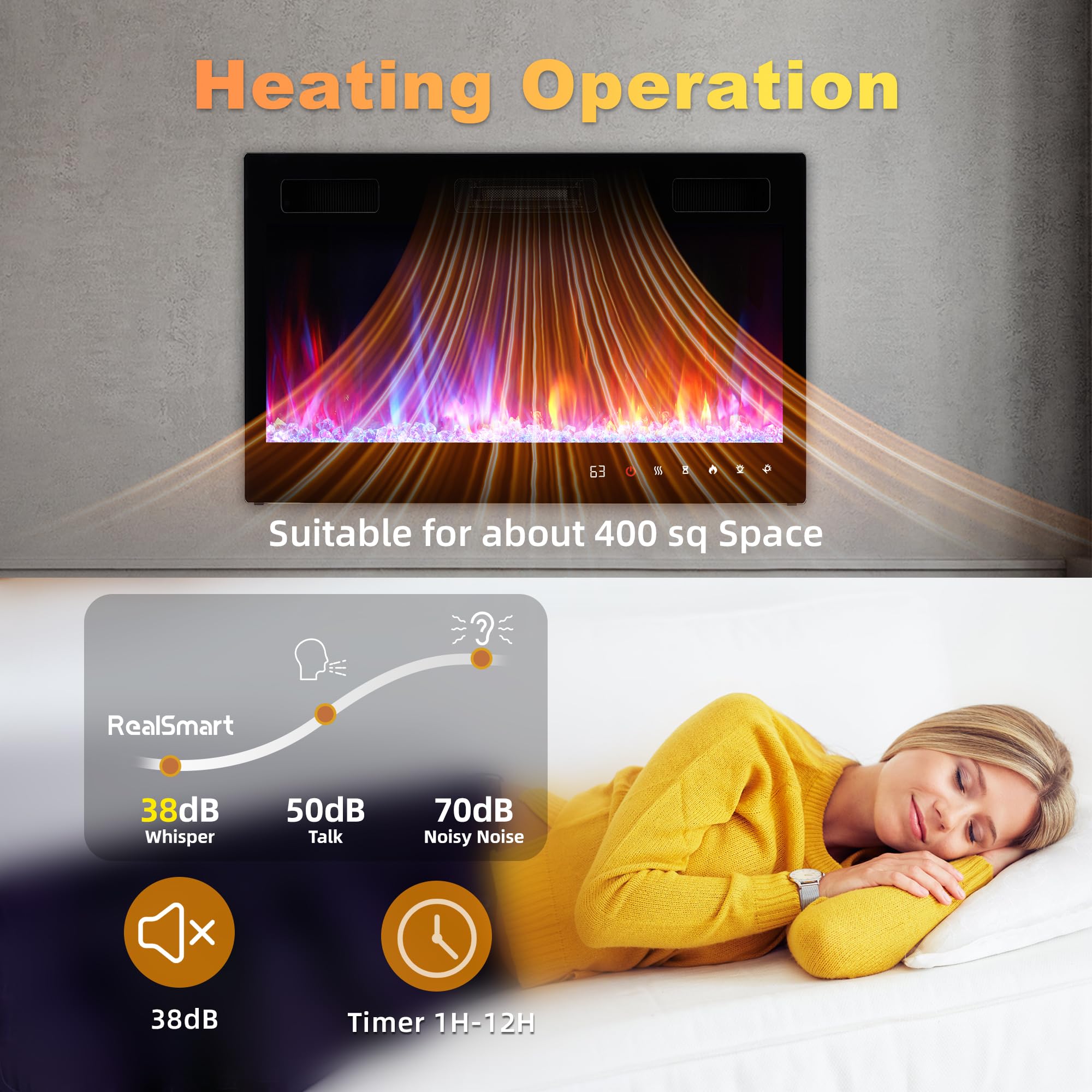 Electric Fireplace 36 Inch Insert Realsmart Recessed 750 1500 W High Screen Slim Wall Mountedle Fireplace Low Noise Overheat Protection Remote Control with Heater Timer Flame Color Sala Modernos (36β)