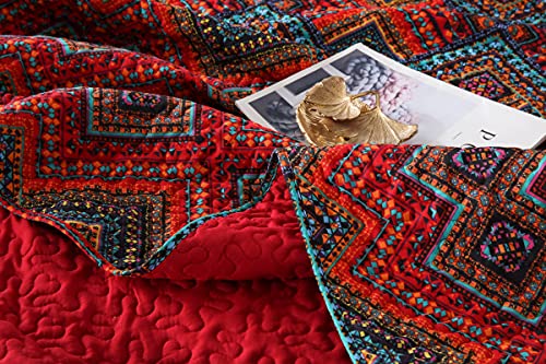 Yvooxny Quilt Set Queen Size Bedspread Bohemian Style Lightweight Cotton Quilted Coverlet Bedding Set for All Seasons, Boho Red Jacquard Pattern, 90 * 98 Inches