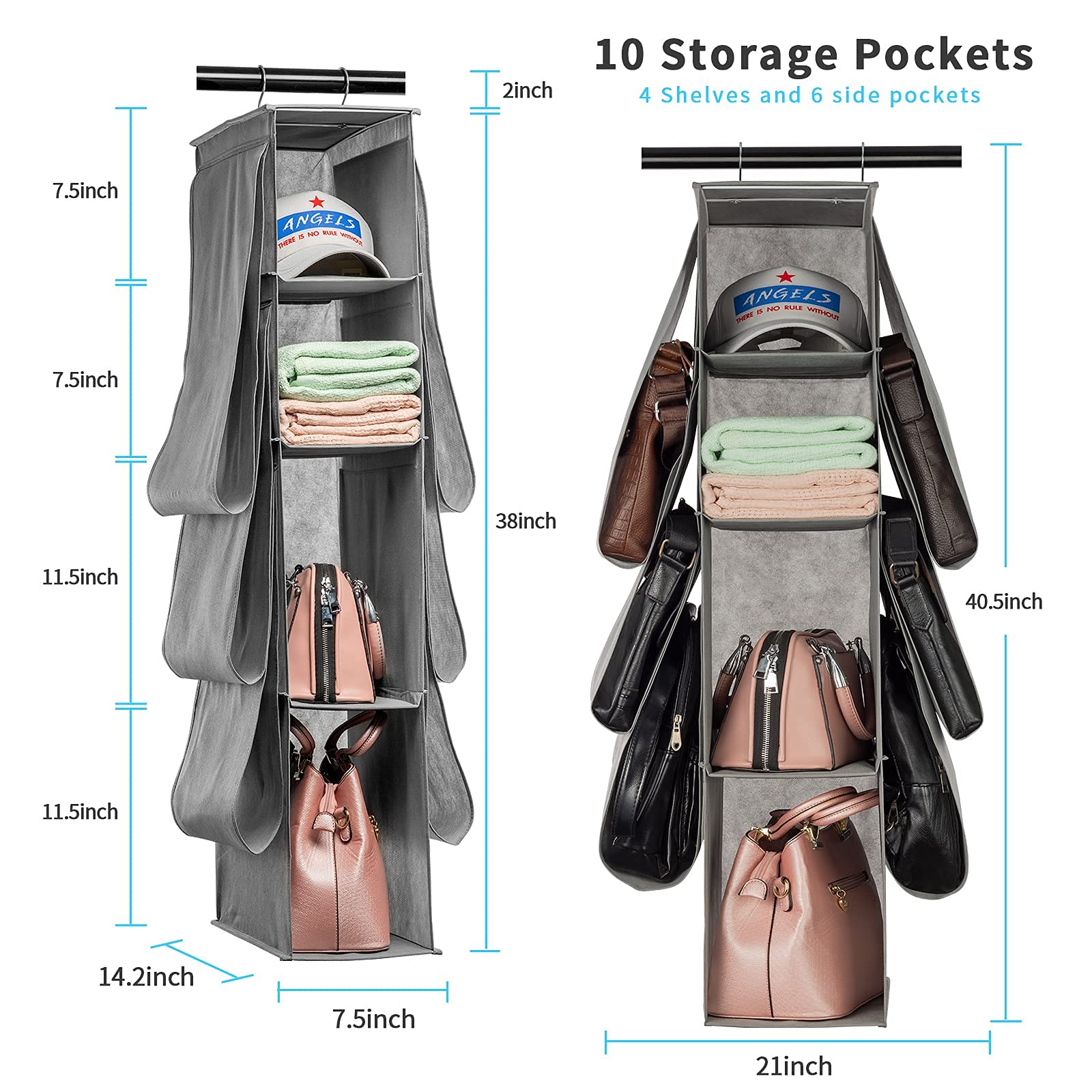 REGELETO Purse Organizer for Closet with 10 Pockets, Breathable Handbag Organizer Storage for Handbags Purses, Clothes and Other Accessories (Grey)
