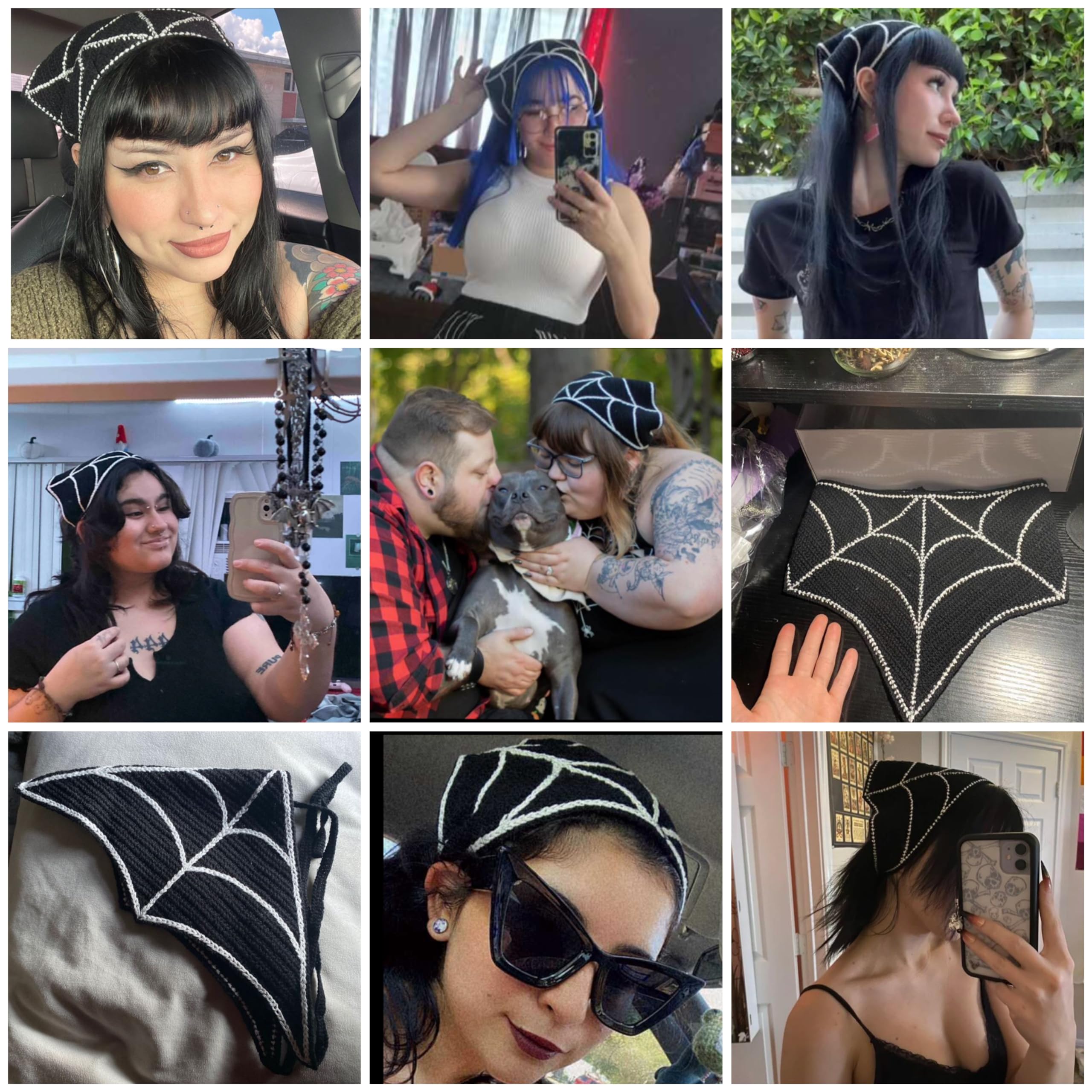 ClawsandPaws Gothic Spiderweb Crochet Bandana Scarf, Spiderweb Greyscale Halloween Style, Spider Web Witch Board Gothic Neck Bandanas, Triangle Headband, Unisex, Black