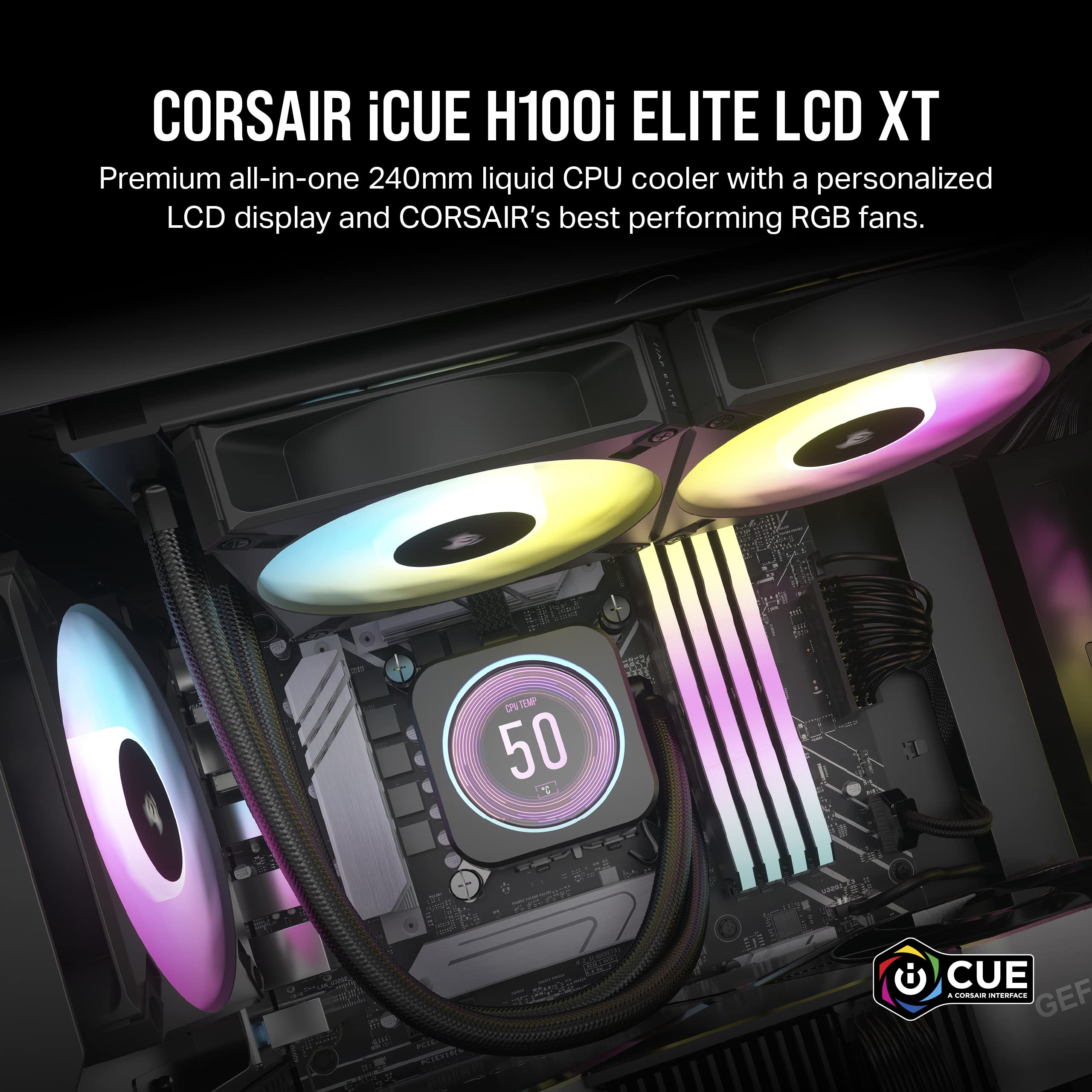Corsair iCUE H100i Elite LCD XT Liquid CPU Cooler - IPS LCD Screen - Two AF120 RGB Elite Fans - 240mm Radiator - Fits Intel® LGA 1700, AMD® AM5, and More - Included iCUE Commander CORE - Black