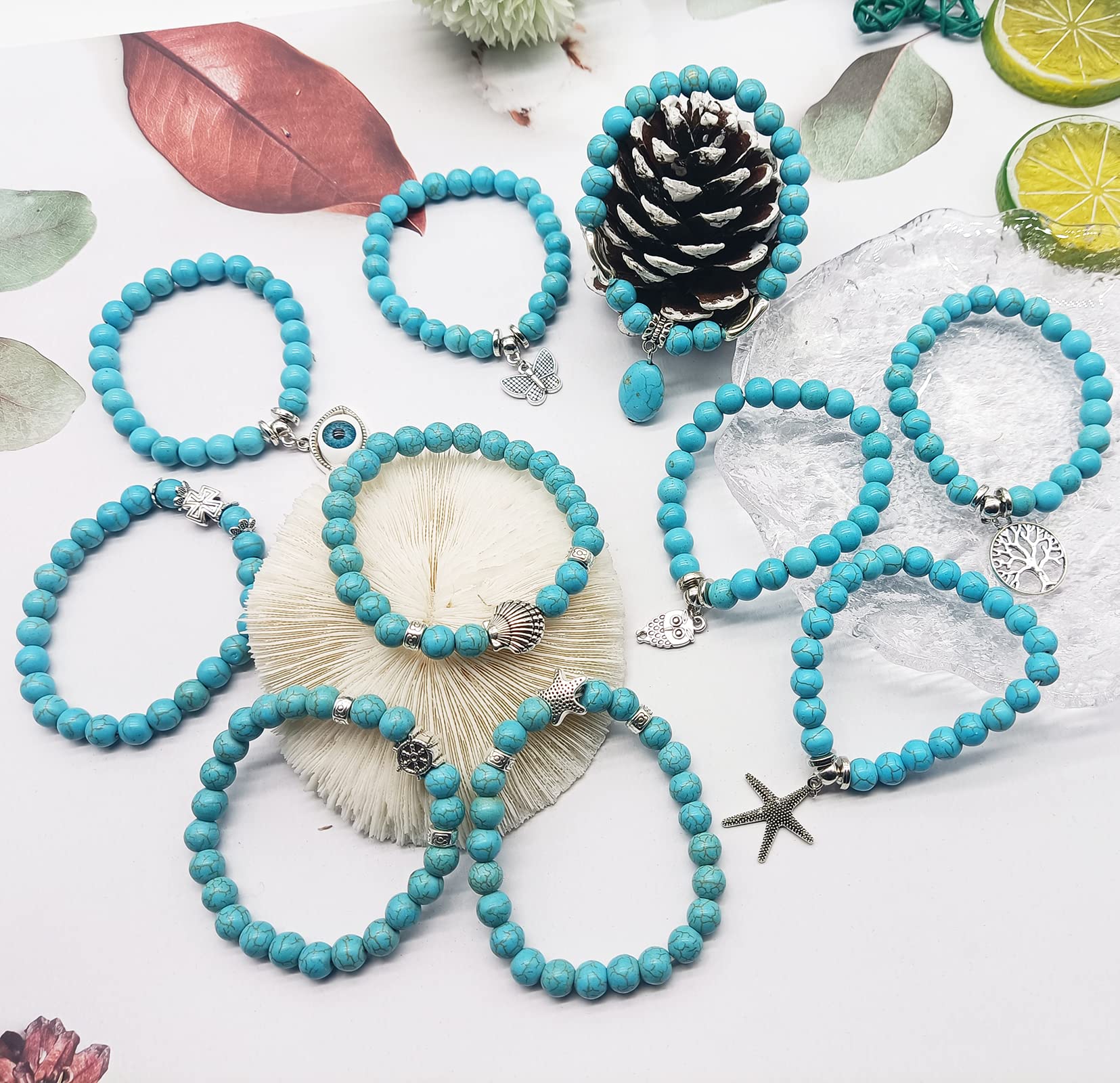CASDAN 10 PCS 8mm Turquoise Stone Bracelets Round Beaded Bracelets for Women Men Healing Crystal Stretch Bead Bracelets
