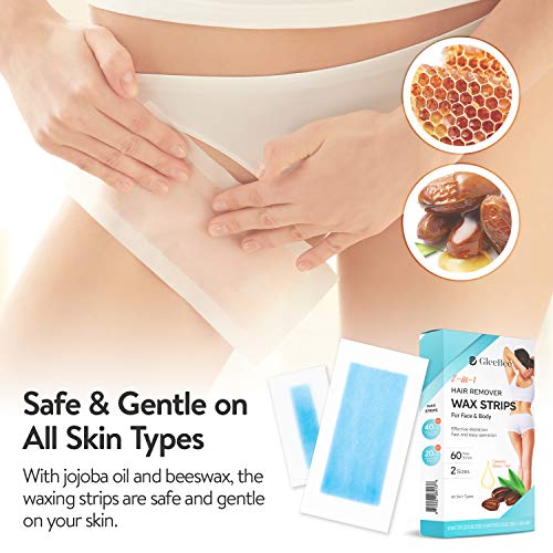 Gleebee Wax Strips 60 counts, Waxing Strips for Hair Removal including 40 Body trips and 20 Facial Strips, Hair Removal for Face, Arms, Legs, Underarms and Bikini