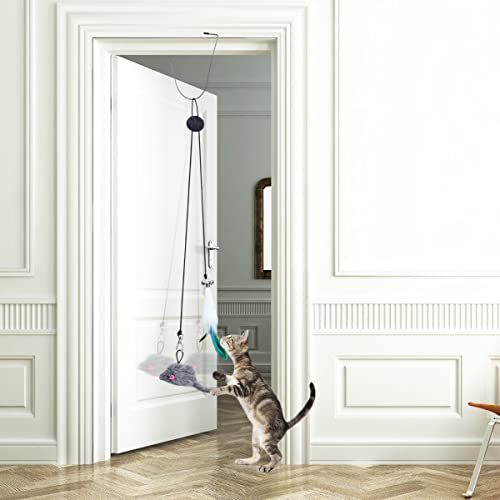 Otunrues Cat Feather Toys, Interactive Cats Toy for Indoor Cats, Hanging Cat Toys Doorway Retractable Cat Teaser Toy 4PCS Replaceable Natural Feathers Refills Play Exercise Puzzle Toys