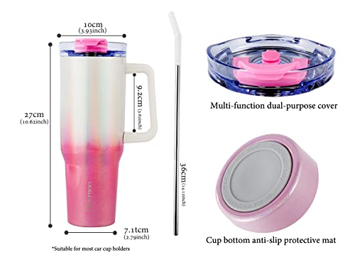 Murmioo 40OZ Tumbler with Handle and Straw,Insulated Leak Proof Double Walled Stainless Steel Travel Mug,Reusable Water Bottle Cup,keep Cold Ice,Hot water for Hours(Pink white gradient)