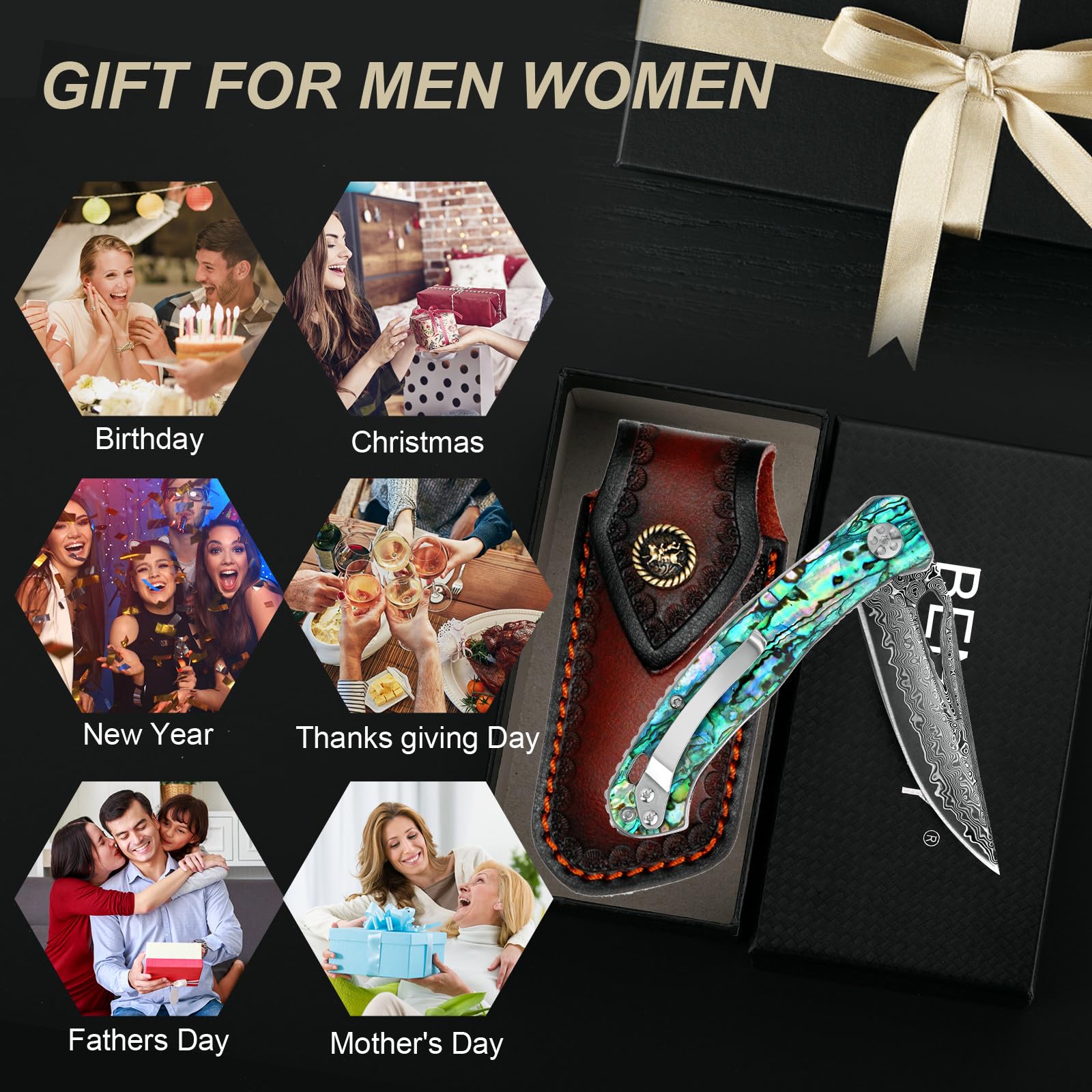 Benkey VG10 Damascus Abalone Seashells Pocket Knife and VG10 Damascus Camping Pocket Knife Bundles