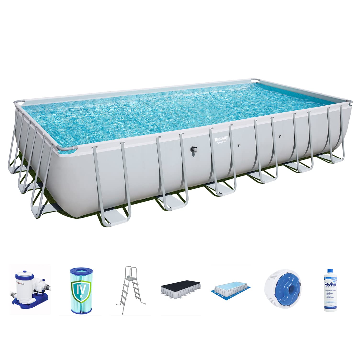 Bestway 56542E 24ft x 12ft x 52in Steel Frame Above Ground Rectangular Swimming Pool Set with 2500 GPH Filter Pump, Cover, Ladder & Cleaner