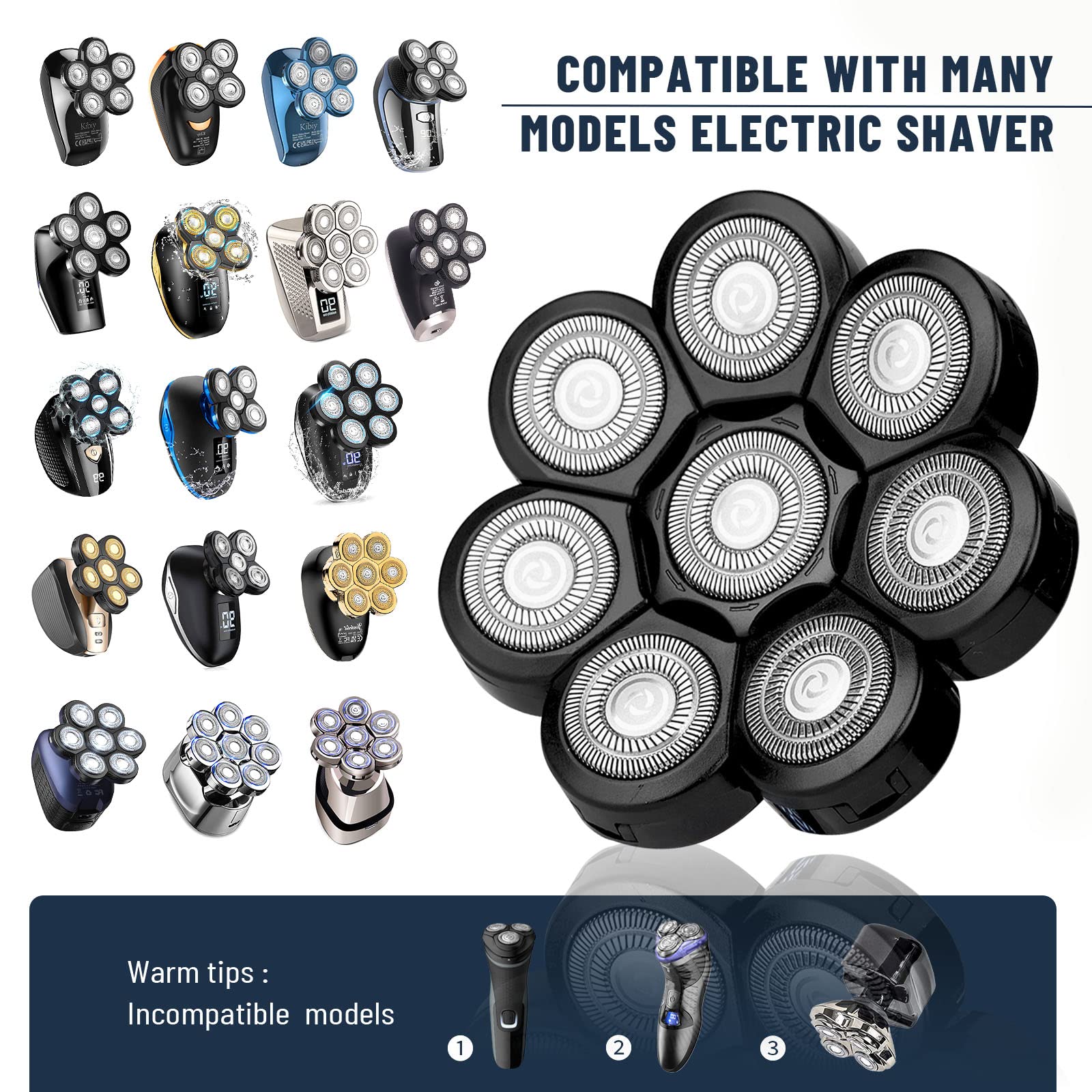 Bsotena 8D Upgrade 8 Heads Electric Shaver Bald Head Shaver Replacement Blades, 8 Heads Beard Cutter Replacement Blade Easy Install Electric Razor Shaver Head for Bald and Face Dt-002