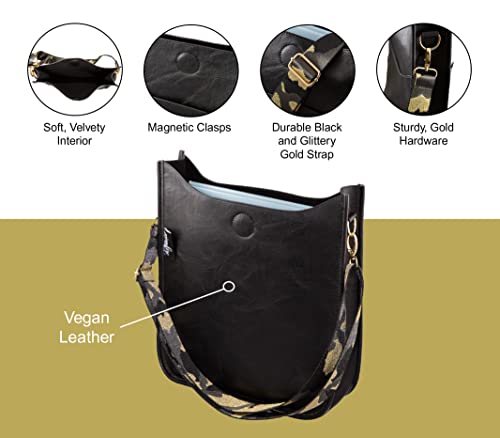 Pinafore Vegan Leather Crossbody Fashion Shoulder Bag | Soft, Magnetic Closure Handbag Purse for Women with Adjustable & Removable Guitar Strap, Black