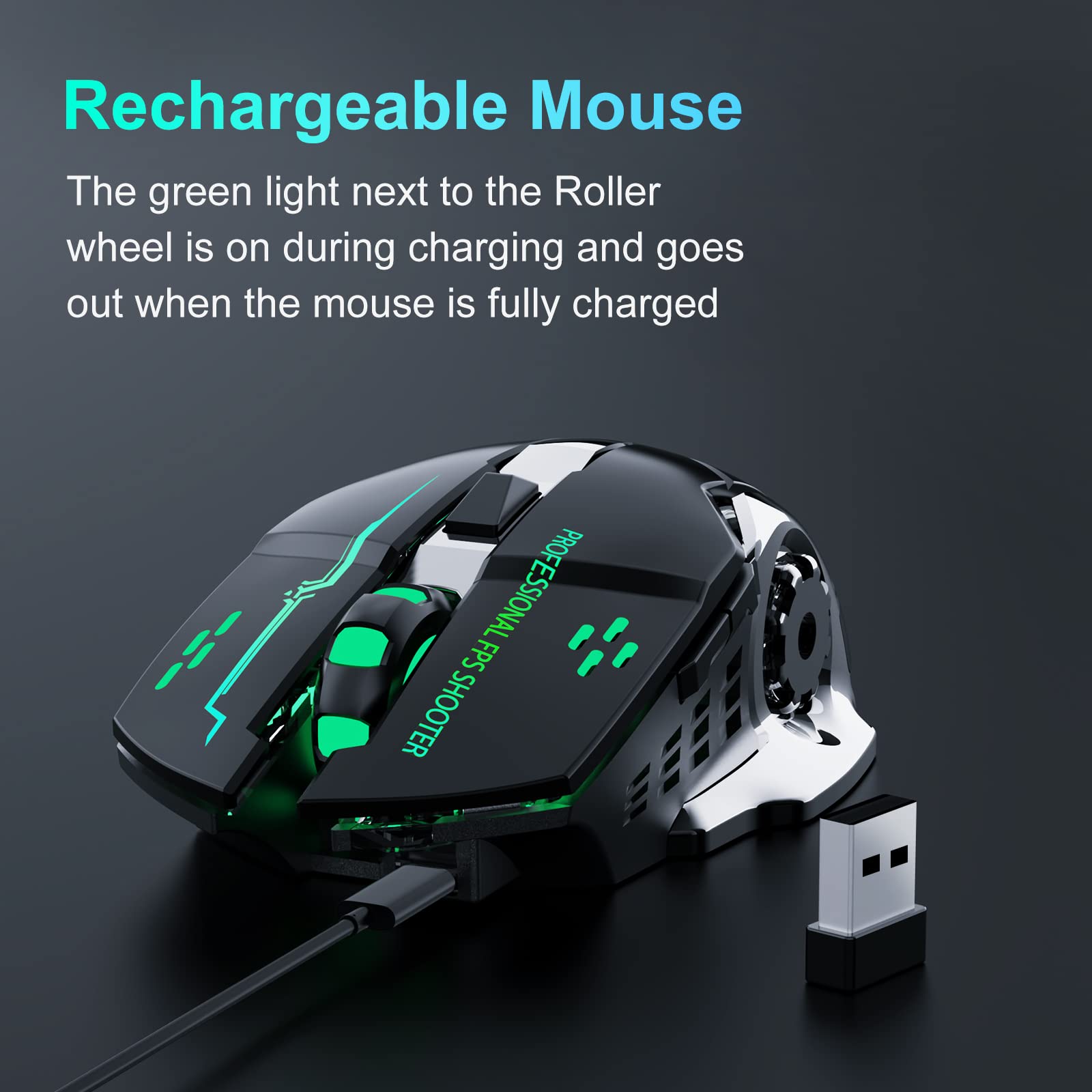 QELIROKY New 2.4G Wireless Rechargeable Gaming Mouse Silent Click with 6 Buttons, 3 Adjustable Levels DPI, Colorful LED Lights for Laptop, iPad, MacOS, PC, Windows, Android (Black)