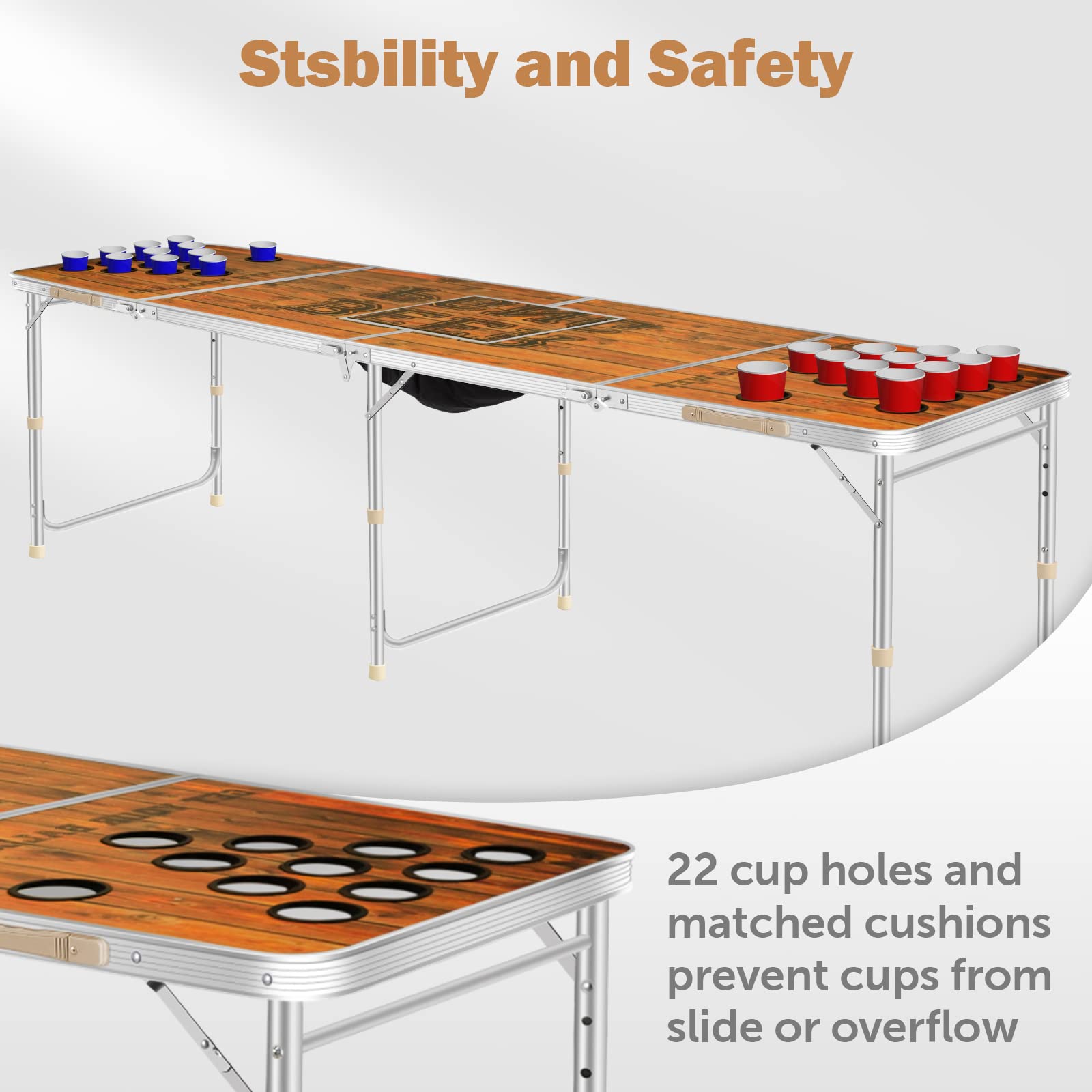Coobi Folding Table,8 Foot Beer Pong Table with Ice Bag & Cup Holes,Adjustable Height,Ideal for College Tailgate Parties