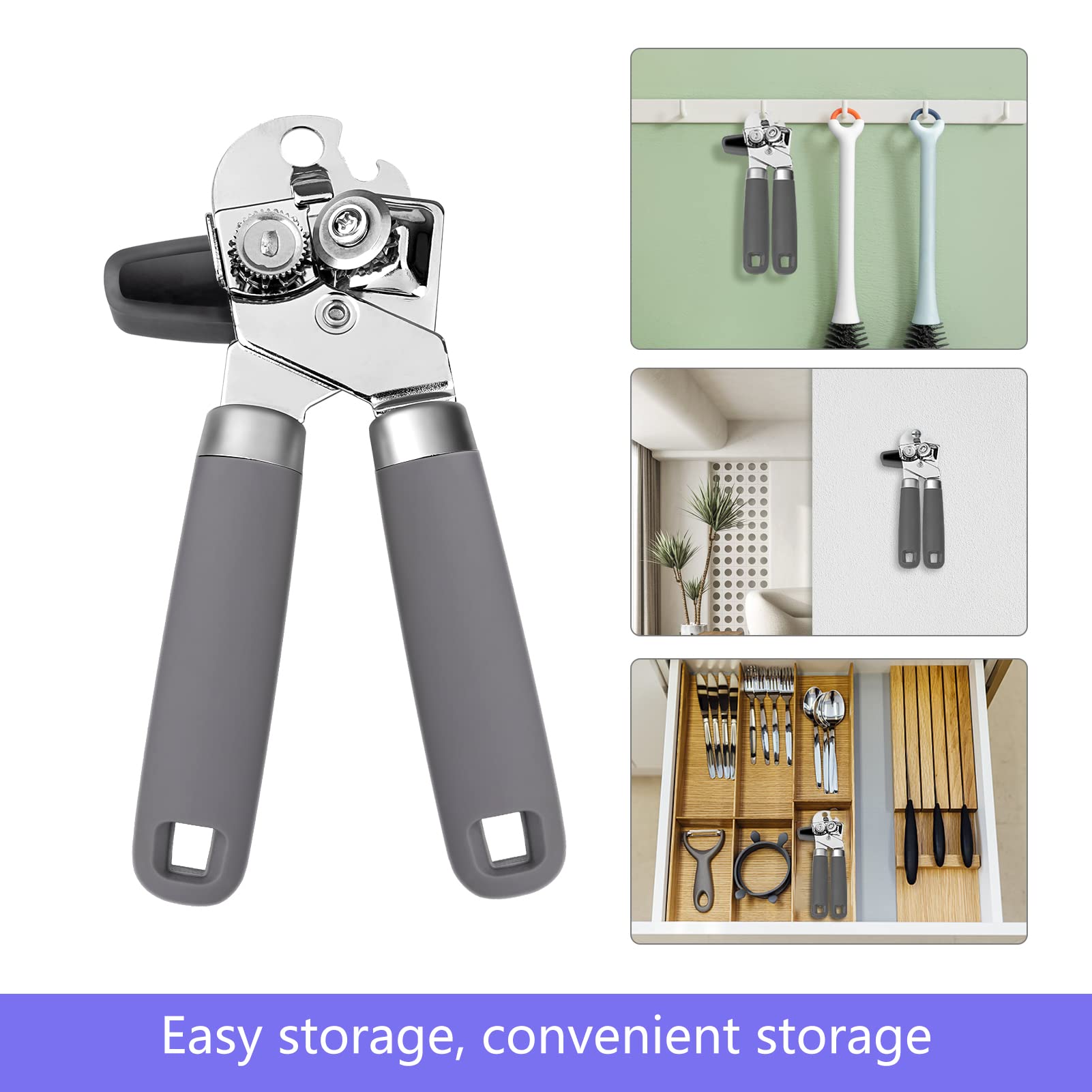 Can Opener Manual, Easy Grip Handheld Can Opener Smooth Edge, Can Openers with Sharp Blade,Safety Effort-Saving Can Opener for Seniors Mama, Kitchen, Commercial Bottles Opener Gray