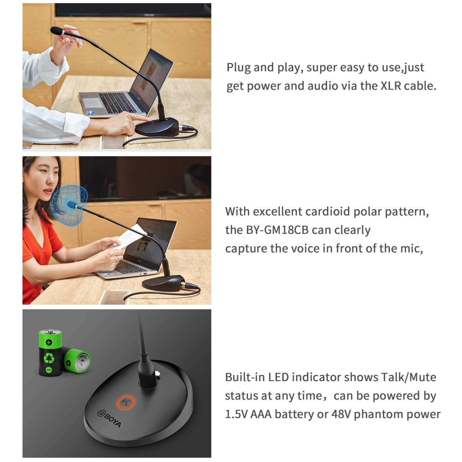 BOYA BY-GM18CB Podium Microphone,18" Gooseneck Microphone with XLR 48V Phantom Power LED Indicator,Desk Microphone for Conference Video Live Streaming Lecture Speech Podcast