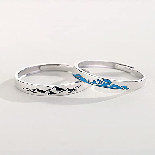 Couple Open Adjustable Rings Mountain and Sea Forever Love Matching Promise Rings Set Matching Rings for Men Women (B), Silver