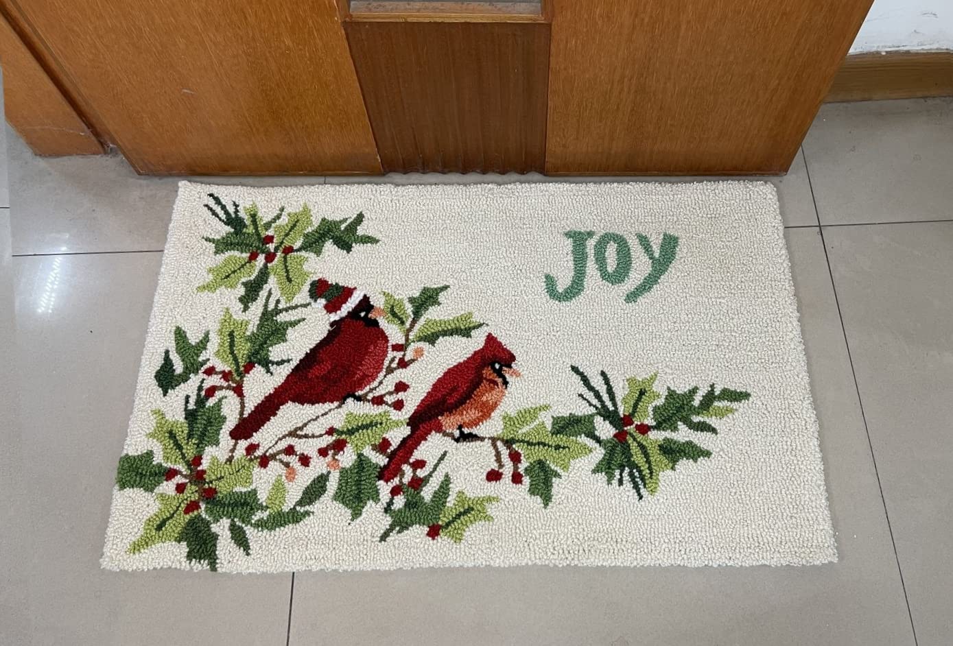 EZ.enjoy Winter Cardinal on Branch Holly Berries Joy Hand-Hooked Accent Rug 28.5 X 17 Inches for Holiday Christmas Home Decor