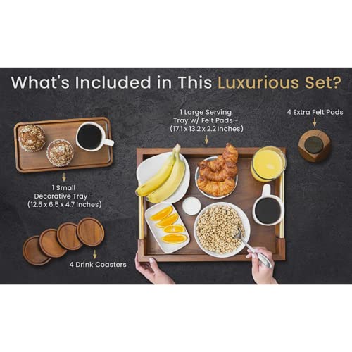Multifunctional Luxury Acacia Wood Tray Set - Modern, Rustic Wood Serving Tray with Handles for Indoor & Outdoor Use β Luxurious Giftable Bundle with Large & Small Wood Serving Board & 4 Coasters