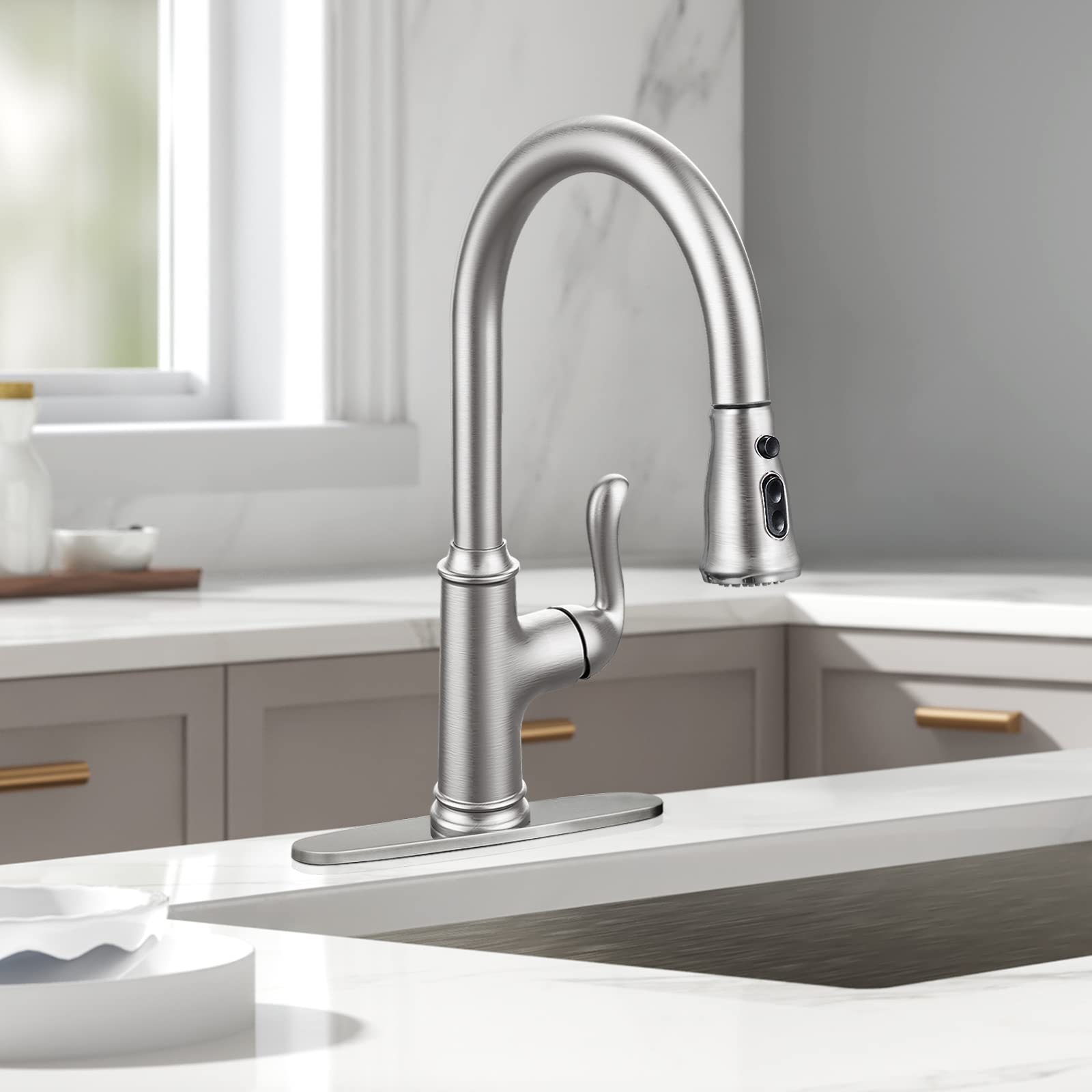 DJS Kitchen Faucet with Pull Down Sprayer, Single Handle Stainless Steel Pull Out Kitchen Sink Faucet, Brushed Nickel DJS-PK-009N-DP