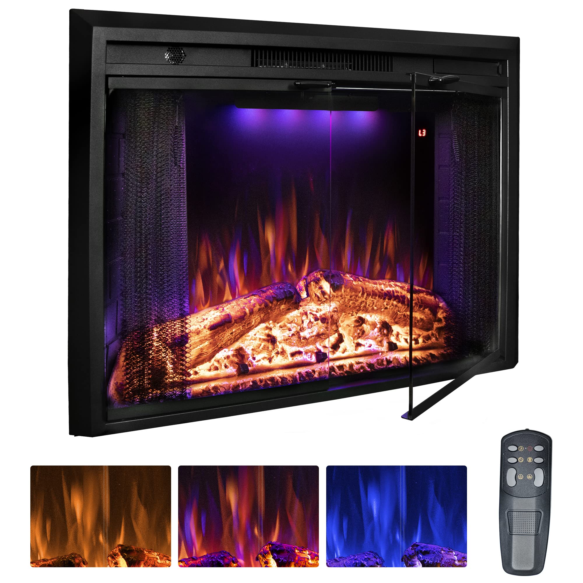 Benrocks 36β Electric Fireplace Inserts with Glass Door and Mesh Screen, Multicolor Flames & Fire Crackling Sounds, Timer, Overheating protection Fireplace Heater, 750/1500W