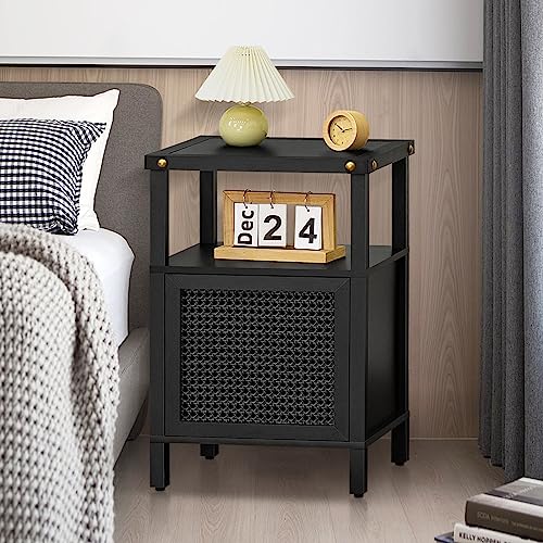 Lerliuo Rattan Nightstand, Side End Table with Handmade Natural Rattan Door and Open Shelf, Wood Accent Night Stand with Storage, Mid Century Modern Bedside Table for Bedroom, Living Room (Black)