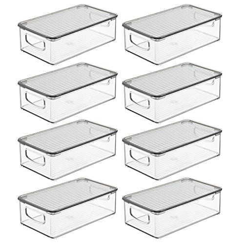 mDesign Plastic Pantry Storage Box Container with Lid and Built-In Handles - Organization for Flour, Cereal, Pasta, Rice, or Food in Kitchen Cupboard, Ligne Collection, 8 Pack, Clear/Smoke Gray