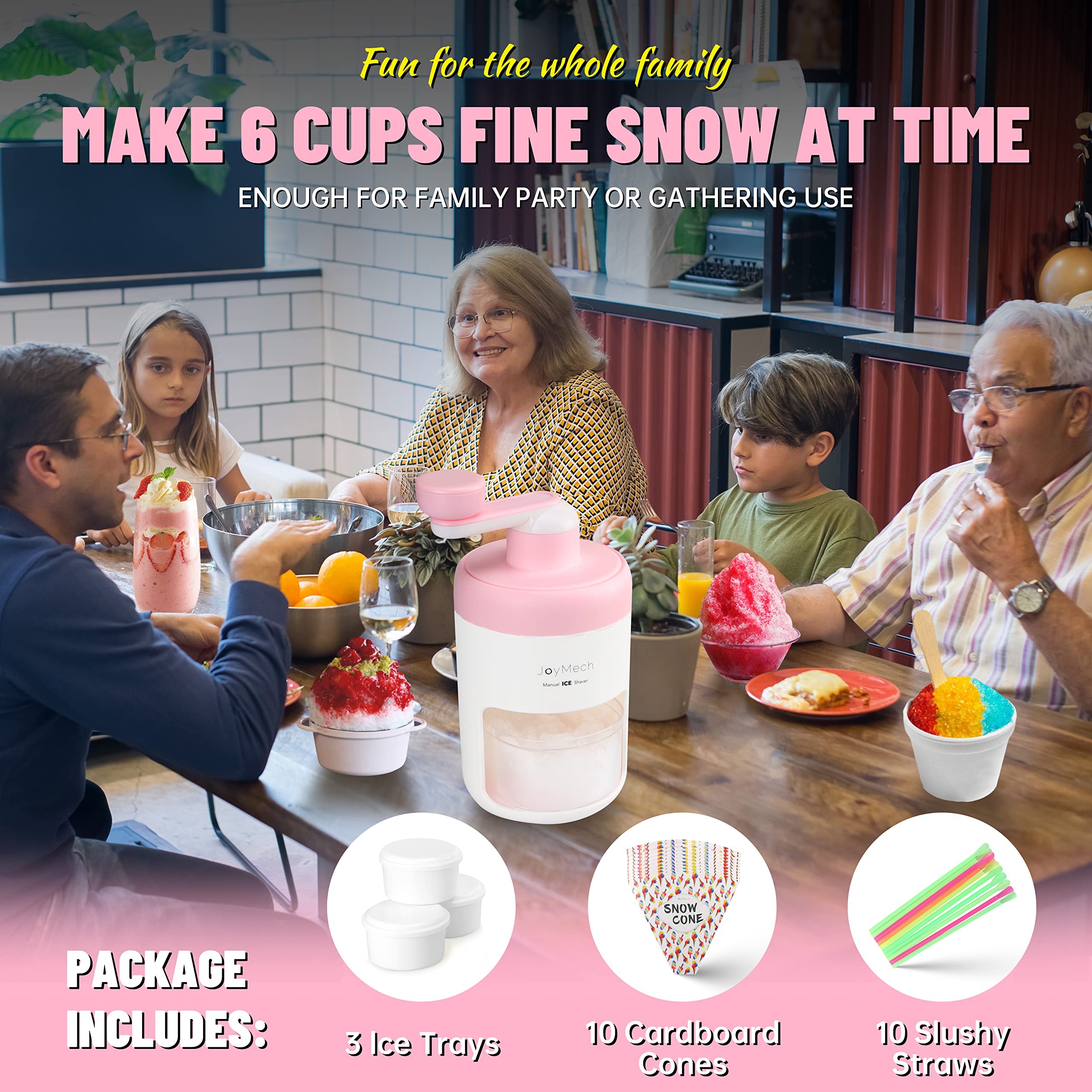 JoyMech Manual Shaved Ice Maker Machine Set with 10 Cardboard Cones, 10 Slushy Straws and 3 Ice Trays, Instant Ice Shaver, Snow Cone Machine, Ideal for making Snowcones and Slushy (Pink)