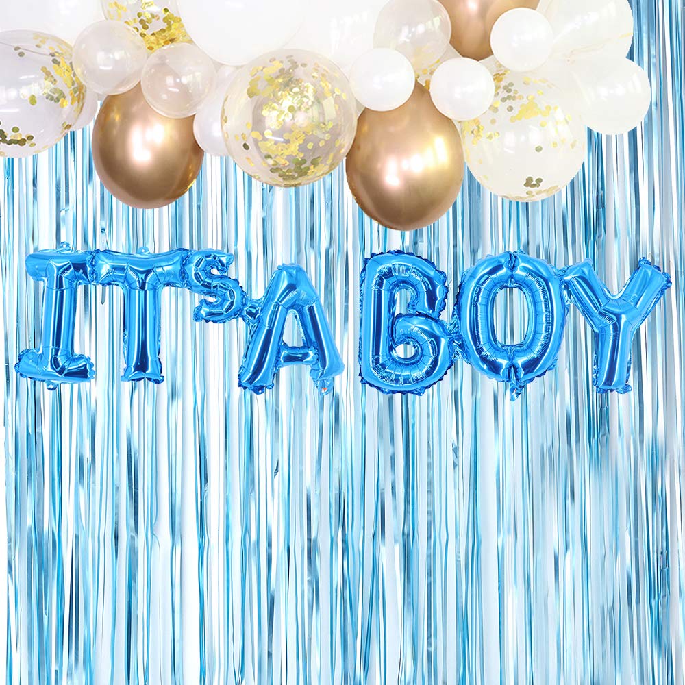 Blue Metallic Fringe Curtains & It's A Boy Foil Balloon Kit- Baby Shower Decorations Blue Wall Decoration Pastel Blue Photo Prop Backdrop Boys Birthday Party (Blue, Pack of 2)