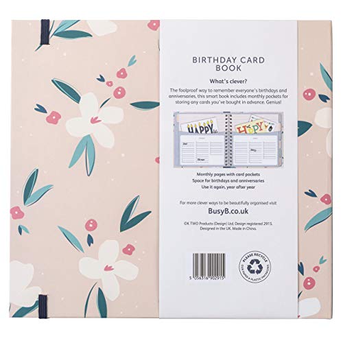 Busy B Birthday Card Book - 13 Pocket File for Storing Greetings Cards Pretty Petals,Pink