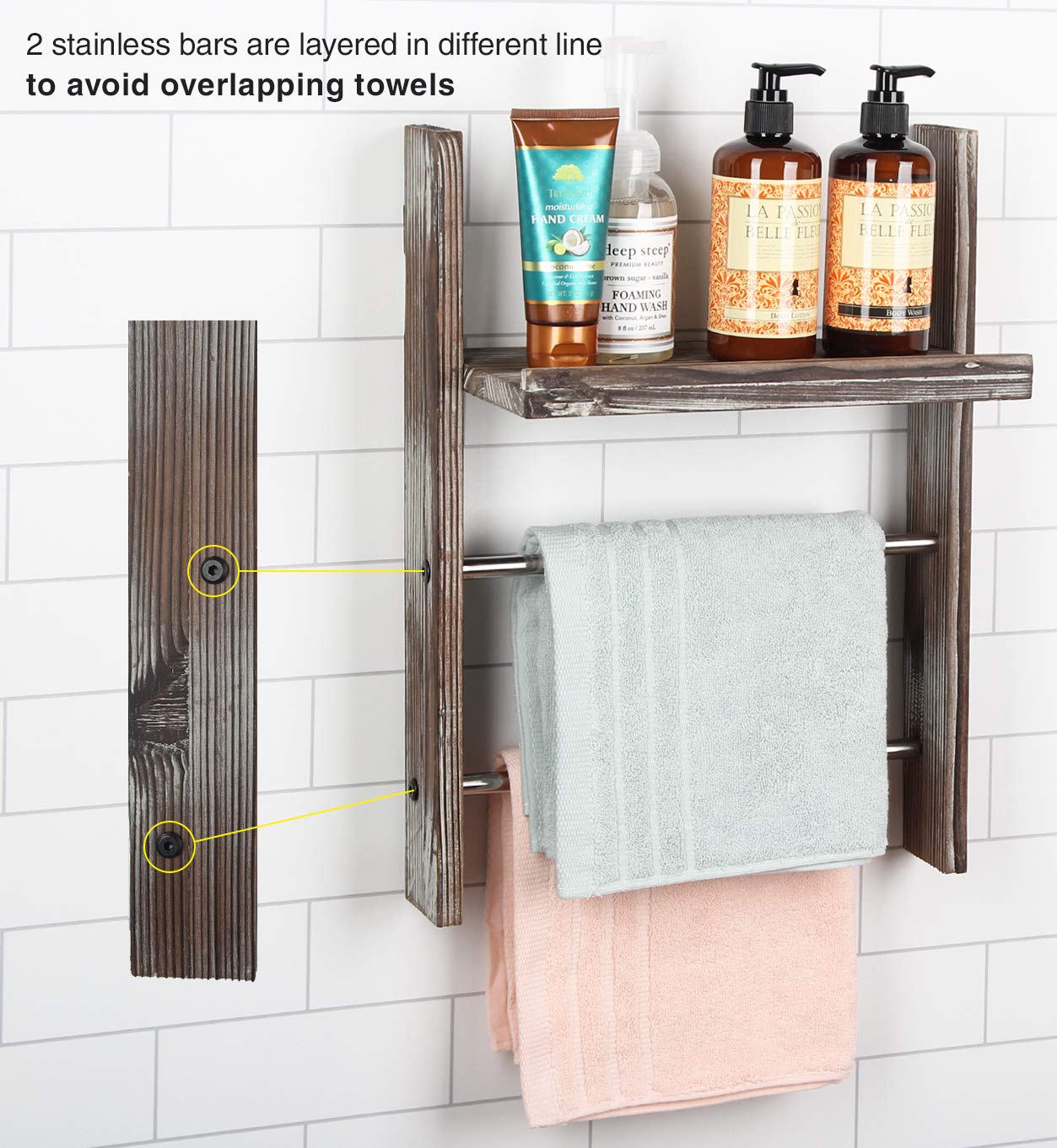 J JACKCUBE DESIGN Rustic Wood Wall Mount Towel Rack with Shelf, Blanket Ladder for Bathroom, Kitchen Hand Towels Holder, Stainless Towel Bar Hanger Farmhouse Decor - MK576A
