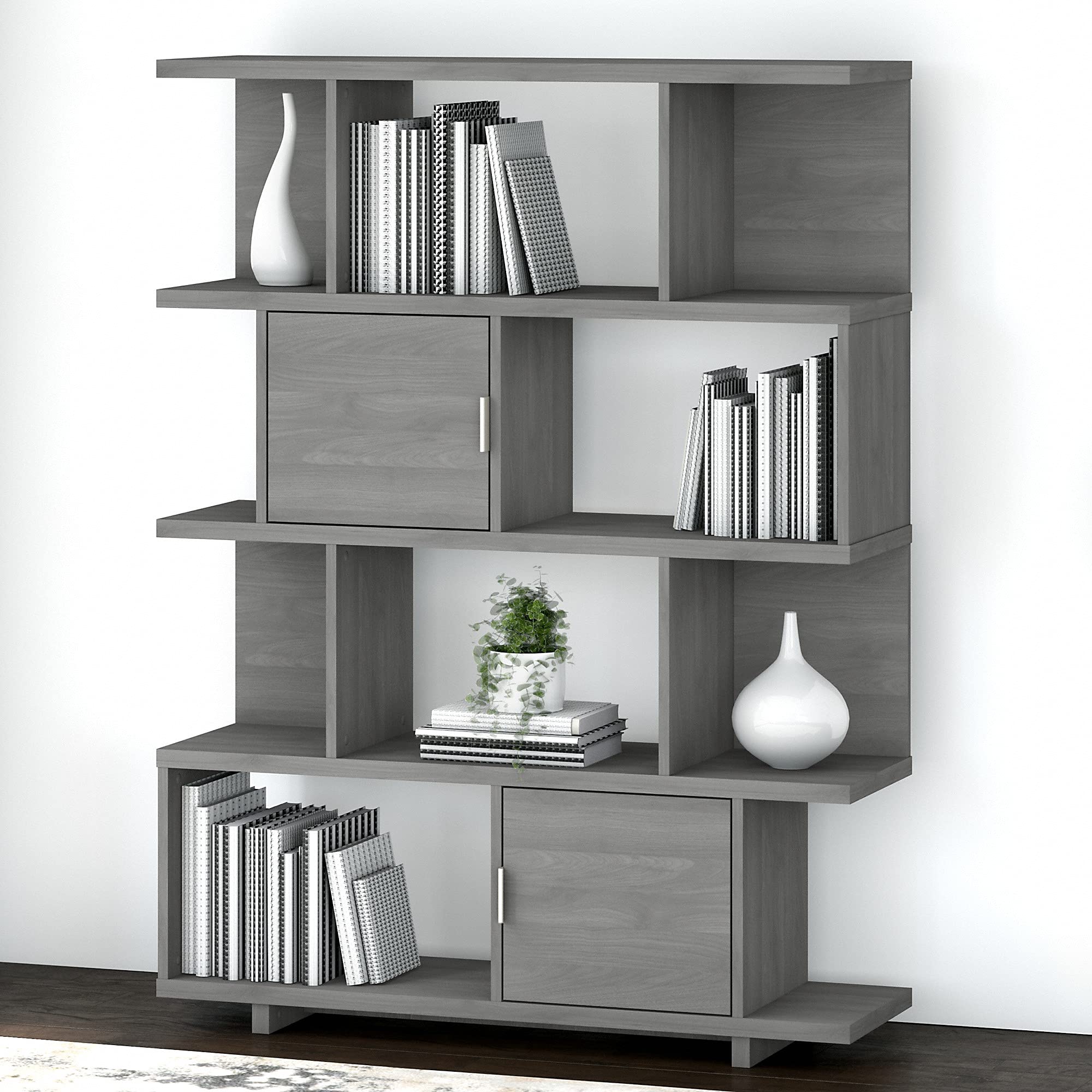 Bush Furniture Madison Avenue Large Geometric Etagere Bookcase with Doors in Modern Gray