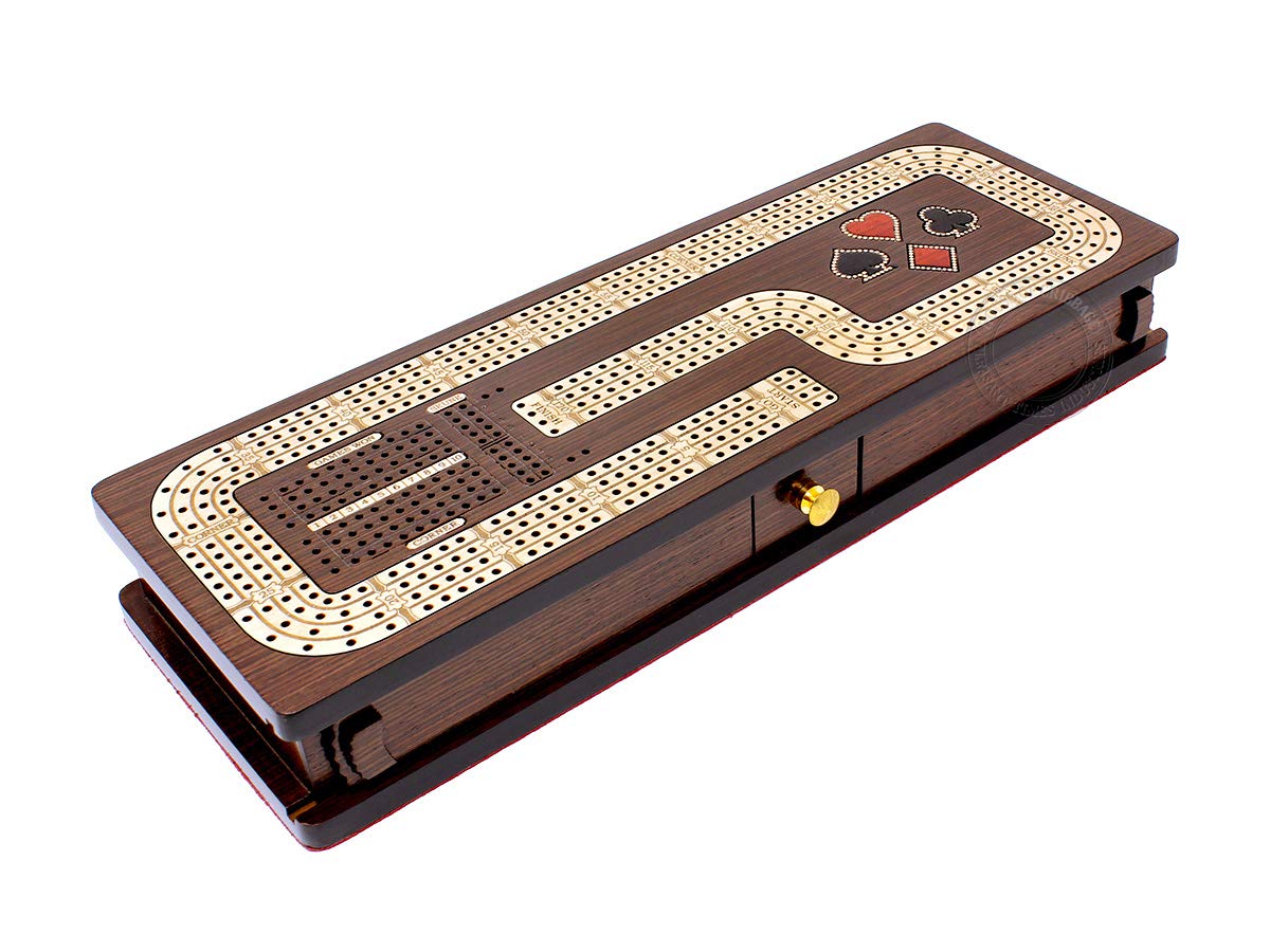 House of Cribbage - Continuous Cribbage Board/Box Inlaid in Wenge Wood/Maple : 4 Track - Cards & Pegs Storage Drawer with Score Marking Fields for Skunks, Corners and Won Games