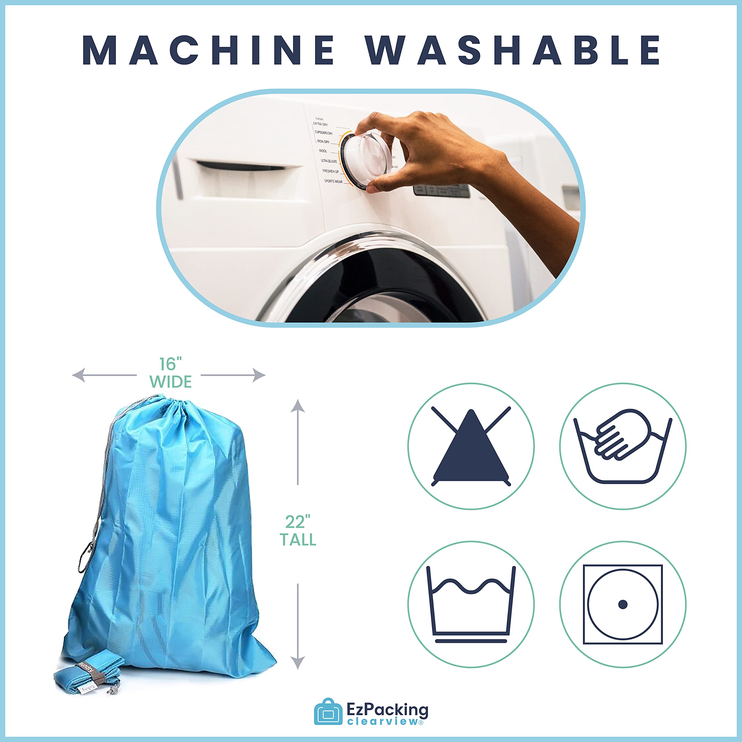 EzPacking Travel Laundry Bag with Drawstring/Foldable Compact Lightweight Small Travel Size for Suitcase / (22β X 16β) / Clean Dirty Clothes Wash Bag/Nylon Blue/Washable/For Women Men Kids Baby