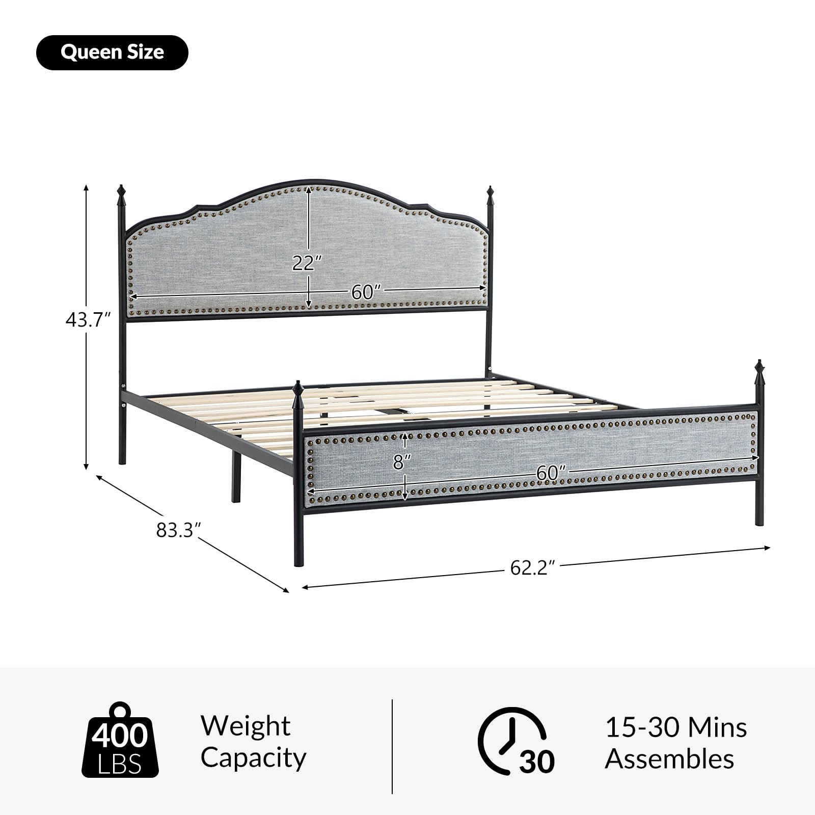 EcoHarbor Queen Bed Frame with Headboard, Farmhouse Metal Platform Bed Linen Upholstered Bed Frame with Strong Wood Slats Support, No Box Spring Needed/Easy Assembly/Noise Free/Non-Slip (Beige)