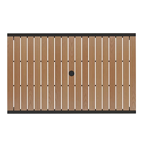 Flash Furniture Lark Outdoor Steel Dining Table with Umbrella Hole - Faux Teak Poly Slatted Top - Commercial Grade Table-Black Frame-30x48 Table Seats up to 4 Adults