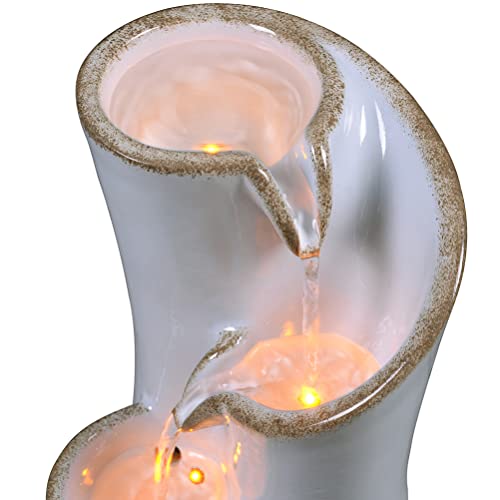 Indoor Water Fountain Imitation Ceramics Appearance Tabletop Fountain Relaxation Desktop Waterfall Fountain w/ 3 Reflective led, 9.8 Inch Tall Fountain (Grey)