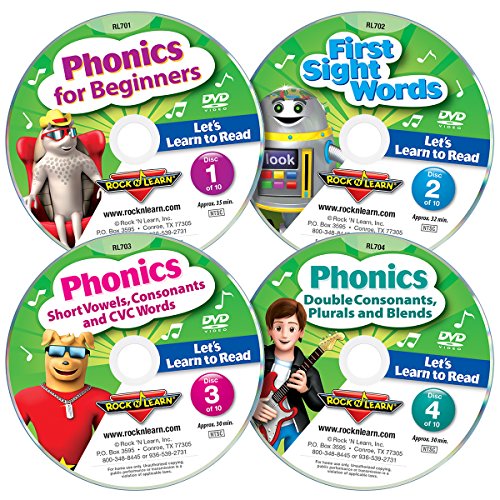 Let’s Learn to Read 10 DVD Collection by Rock ‘N Learn (170 sight words, covers all phonics rules, vowels, consonants, blends, digraphs, practice sections to build reading fluency, 80 downloadable worksheets and more.)