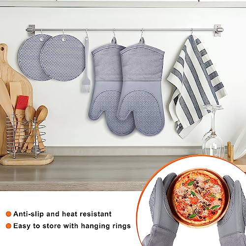 Oven Mitts and Pot Holders Sets, Silicone Oven Mitts Heat Resistant 550℉ Kitchen Oven Mits/Glove Set, Extra Long Kitchen Mittens and Hot Pads Pot Holder with Basting Brush for Baking Cooking Grilling