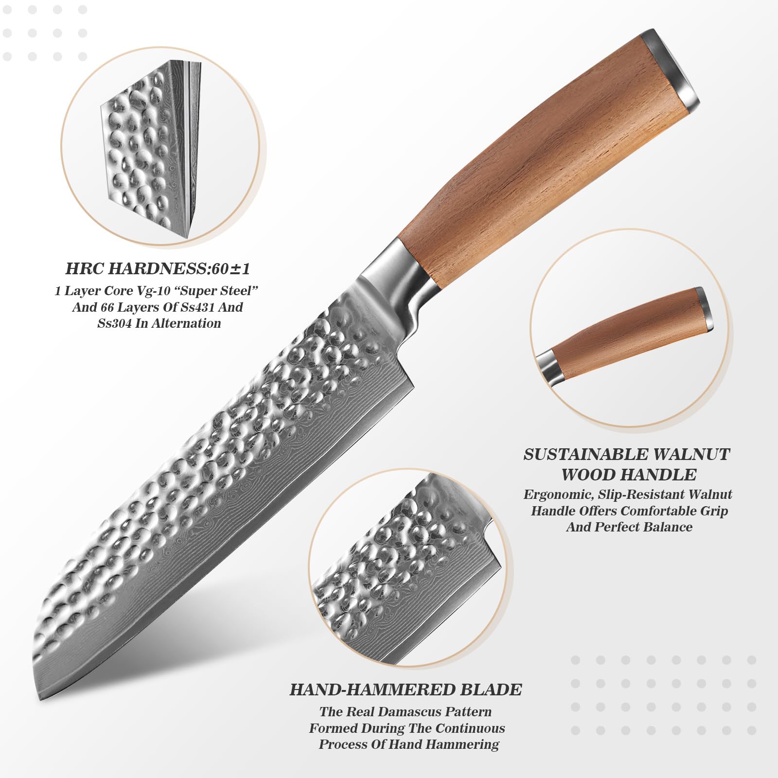 Damascus Santoku Knife 7 Inch,Professional Kitchen Knife with Ergonomic Walnut Wood Handle,67 Layers Super Steel Damascus Kitchen Knives,Rubber Wood Gift Box Packing,Christmas Kitchen Gifts for Men