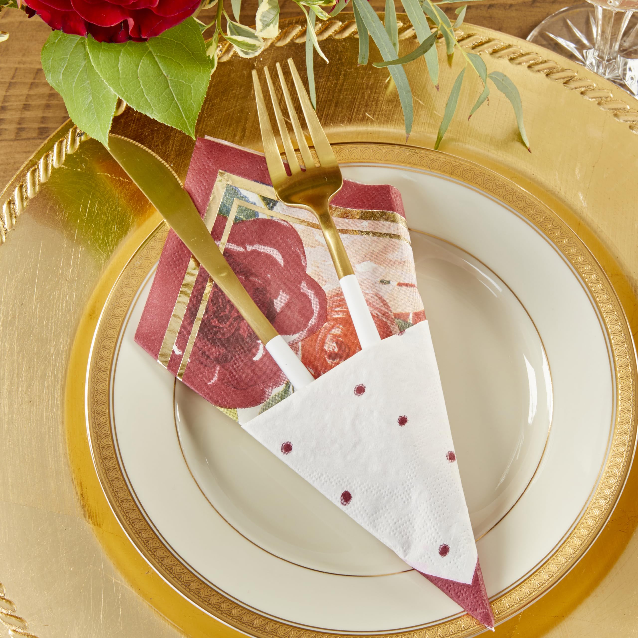 Kate Aspen Burgundy Blush Floral Paper Napkins, Thick Decorative Dinner Napkins, Luncheon Serveware, Perfect for Wedding Reception Or Bridal Shower,Gold and burgundy