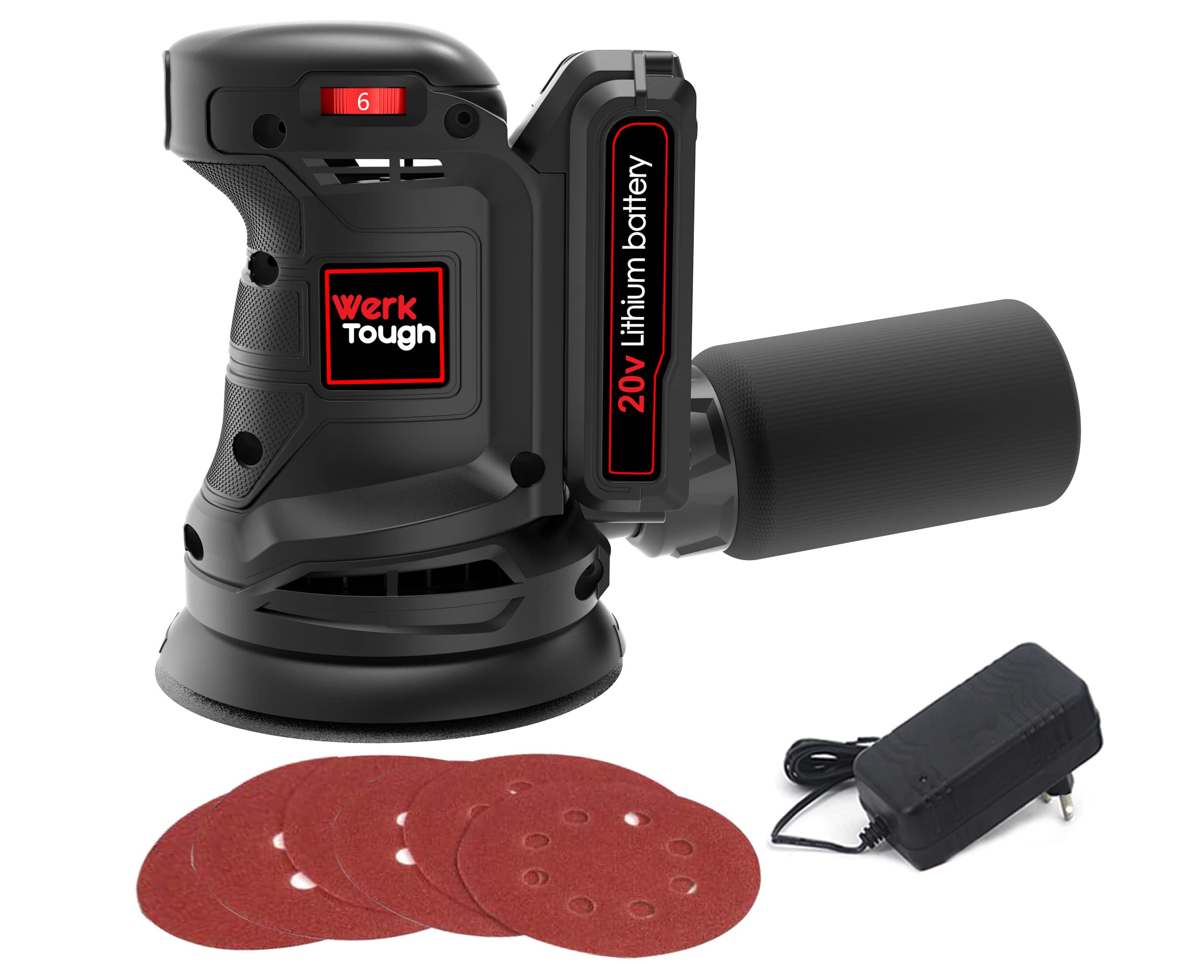WERKTOUGH SA002 20v Cordless Random Orbital Sander 6-step Speed with 2.0A Battery and Fast Charger 1pcs 125 Sander Wheel and 6pcs 125mm Sander Paper