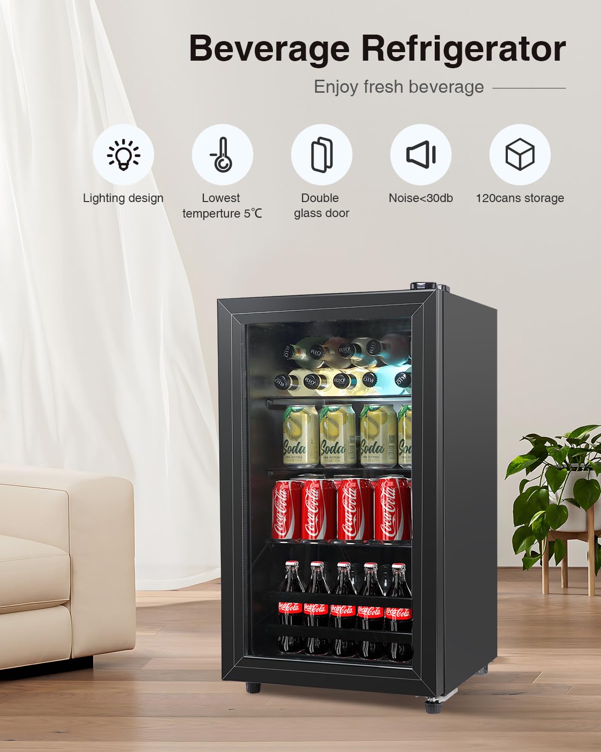EUASOO FLB-60 Refrigerator Cooler-120 Can Freestanding Beverage Cooler with Glass Door-Small Drink Dispenser Machine for Office or Bar with Adjustable Removable Shelves, Black