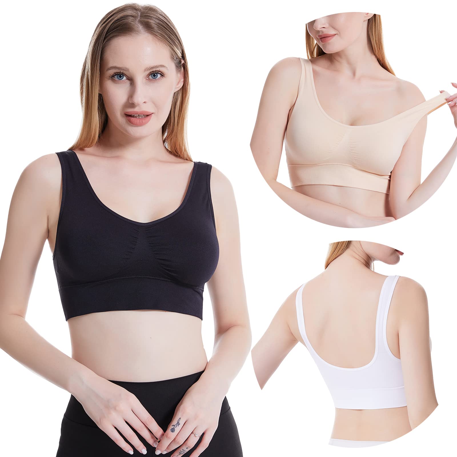 CASOMS Sleep Bras, Comfort Bras for Women, Seamless, Wireless, Yoga Bras with Removable Pads 3 Pack, X-Large