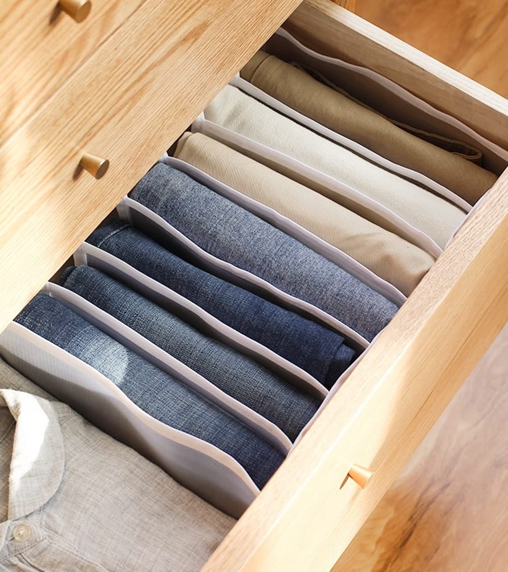 Wardrobe Clothes Organizer and Mesh Storage for Jeans Folded Clothes, Drawer Organizer Clothes, Organizer for Closet (Shirt with 7 Grids Medium, Grey)