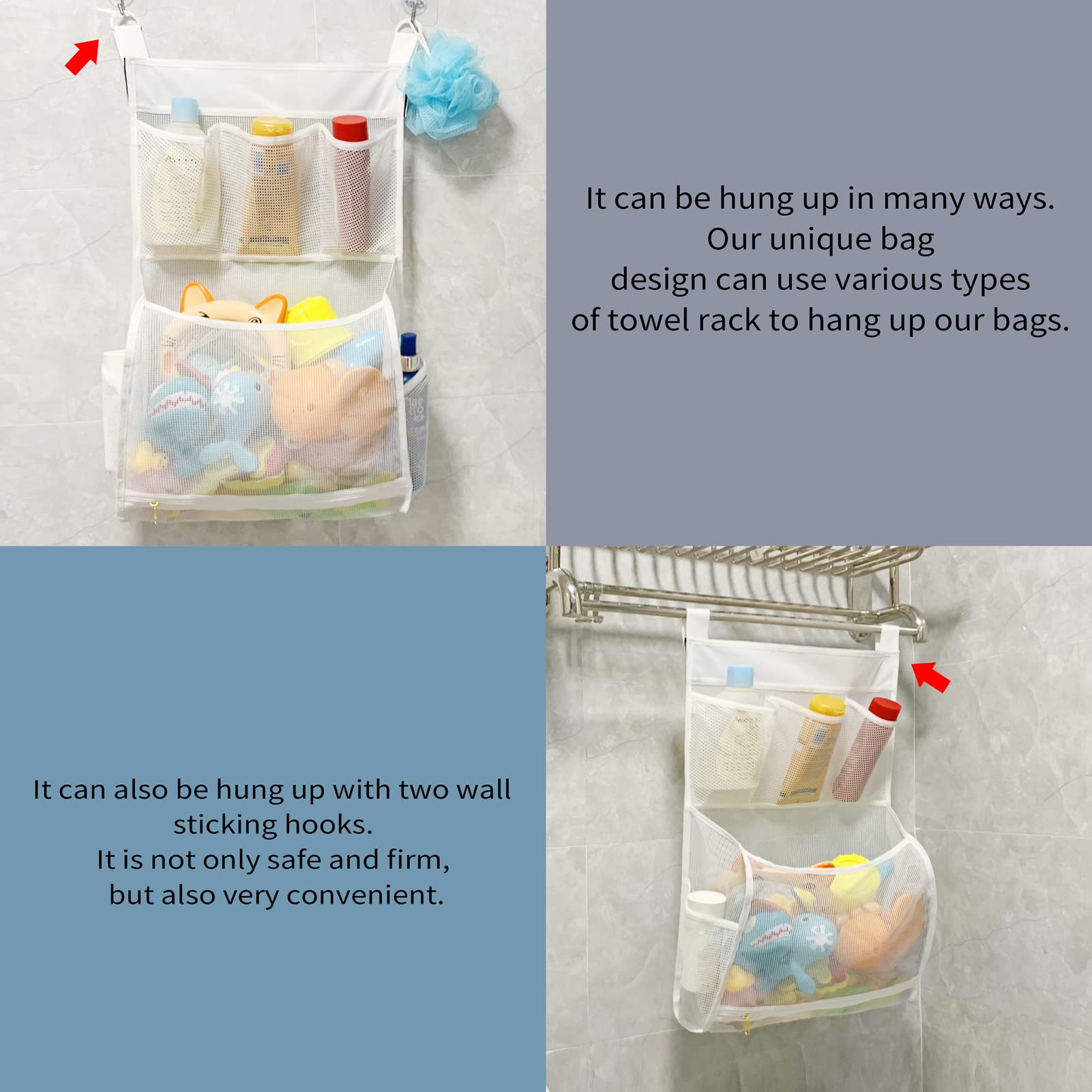 Ligereza Baby Mesh Bath Toy Organizer,Multiple Ways to Hang, Ultra Large Capacity & Large Opening, Bathroom Toy Holder, Bath Toy Storage Bag With 5 Side Pockets (Large White)