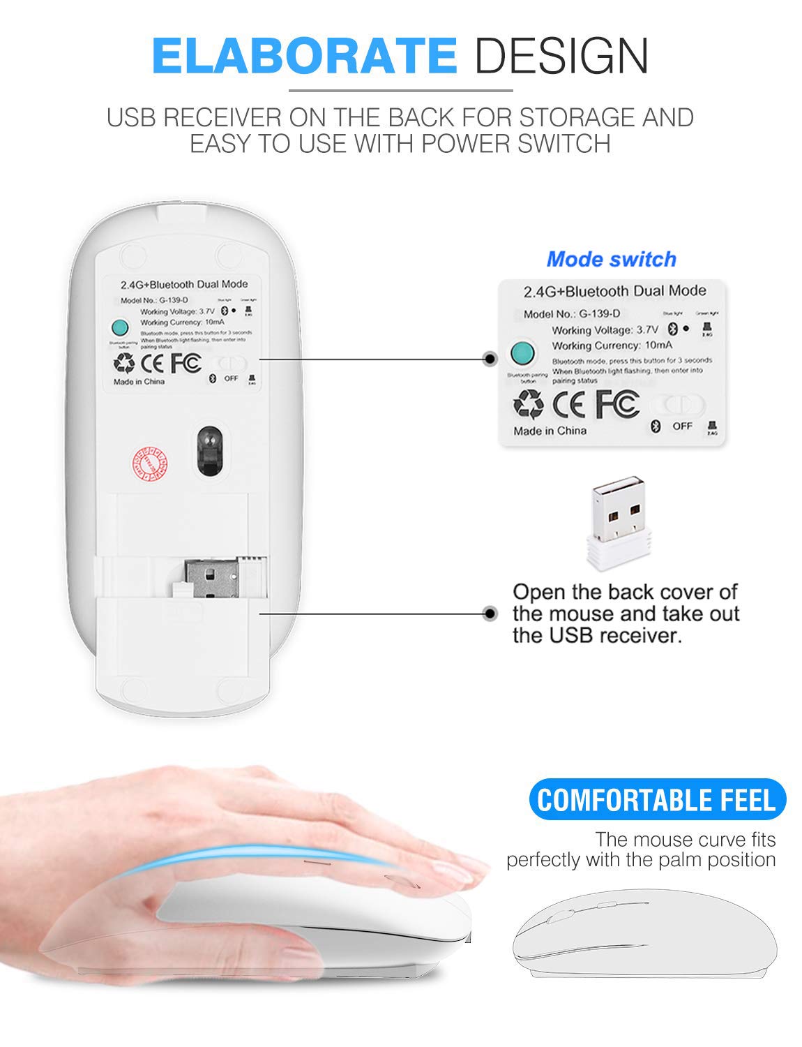 QIJIAYI Bluetooth Ergonomic Mouse for Mac,Rechargeable Wireless Bluetooth Mouse,2.4G Wireless Mice 4 Button and 3 Adjustable DPI for Laptop/Computer/Windows (Silver)