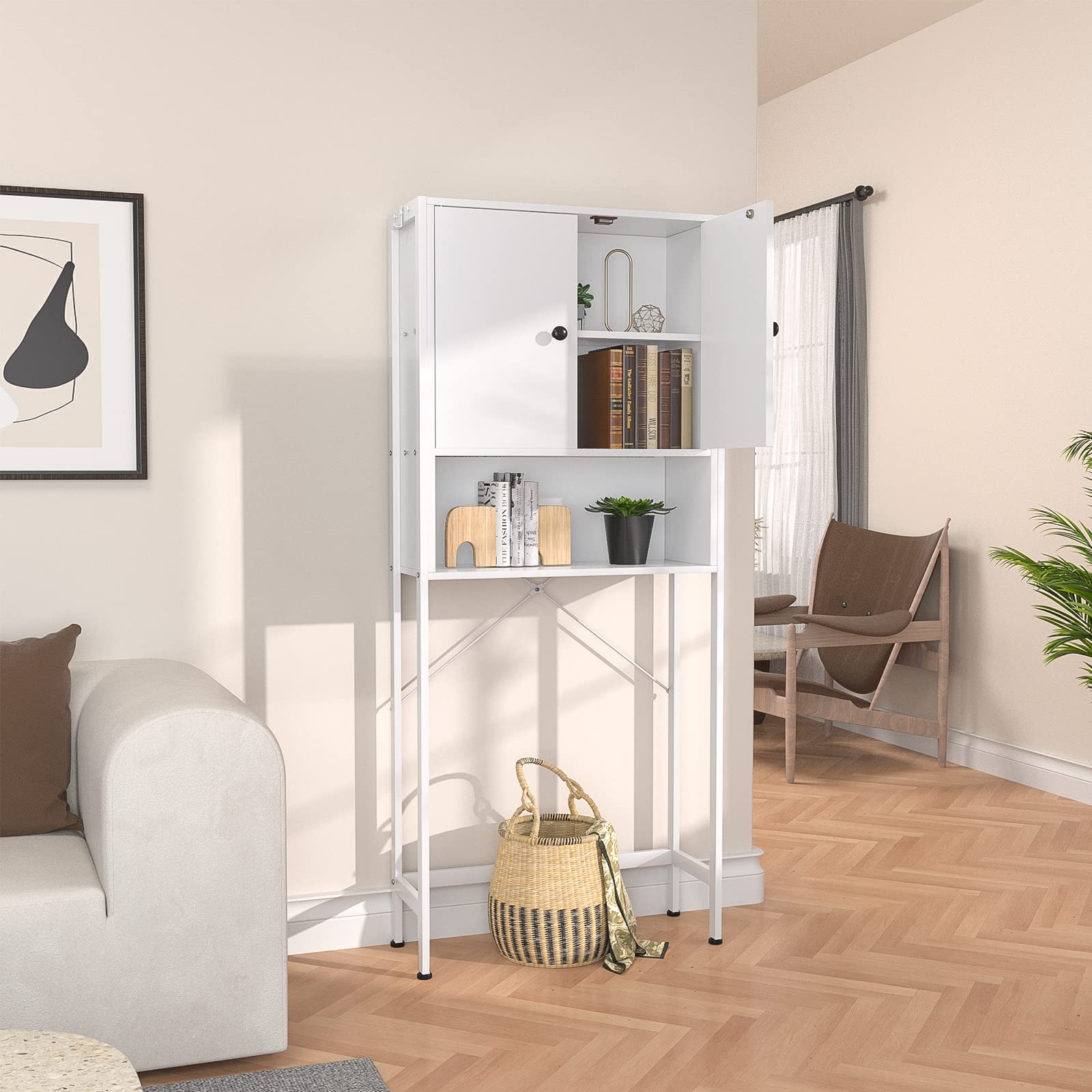 Ecoprsio Over-The-Toilet Storage Cabinet Rack, Bathroom Organizer Shelf Over Toilet, Freestanding Space Saver Toilet Stands with 2 Hooks, White